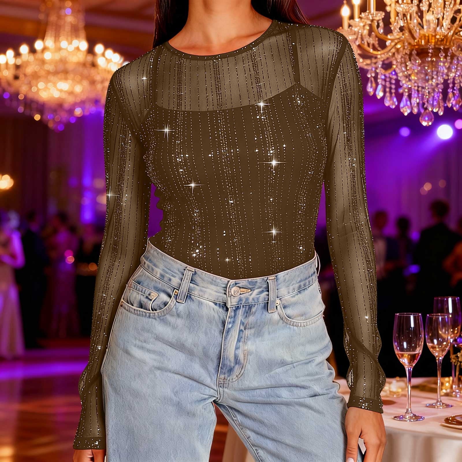 Heisall Mesh Long Sleeve Tops for Women Crewneck Rhinestone Sheer ...
