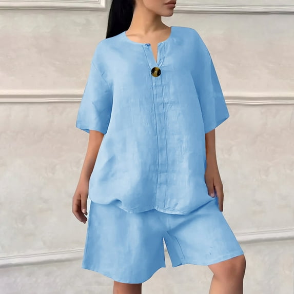 Heisall Two Piece Outfits for Women Solid V Neck 3/4 Sleeve Button Tops ...