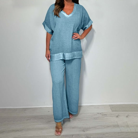 Heisall Women's 2 Piece Lounge Set V-Neck Mid-Sleeve Top and Straight ...