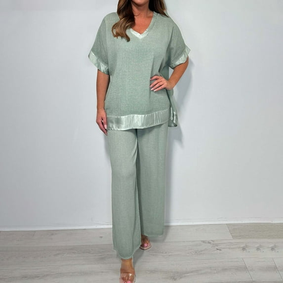 Heisall Women's 2 Piece Lounge Set V-Neck Mid-Sleeve Top and Straight ...