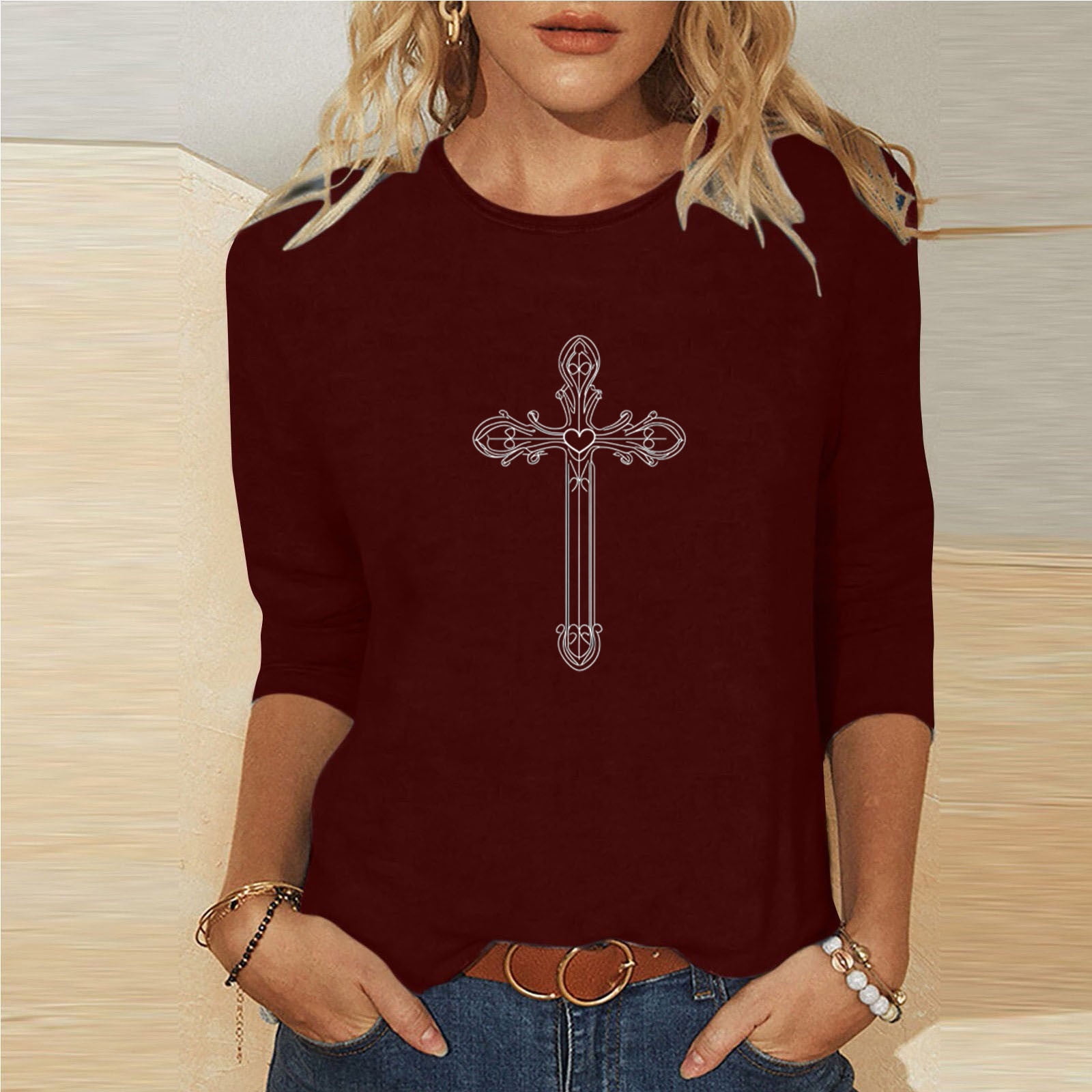 Heisall Women's 3/4 Sleeve Tops Crew Neck Cross Print Loose Fit Casual ...