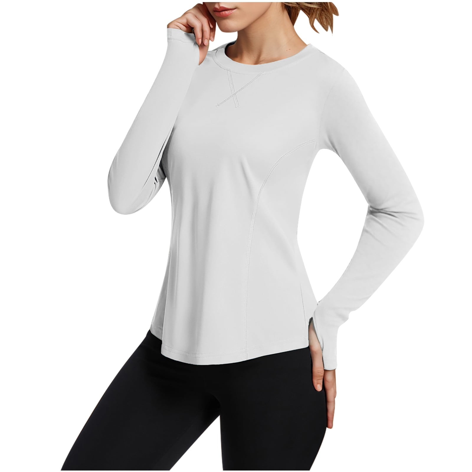 Heisall Women's Casual Shirts Solid Color Round Neck Long Sleeve Sun ...
