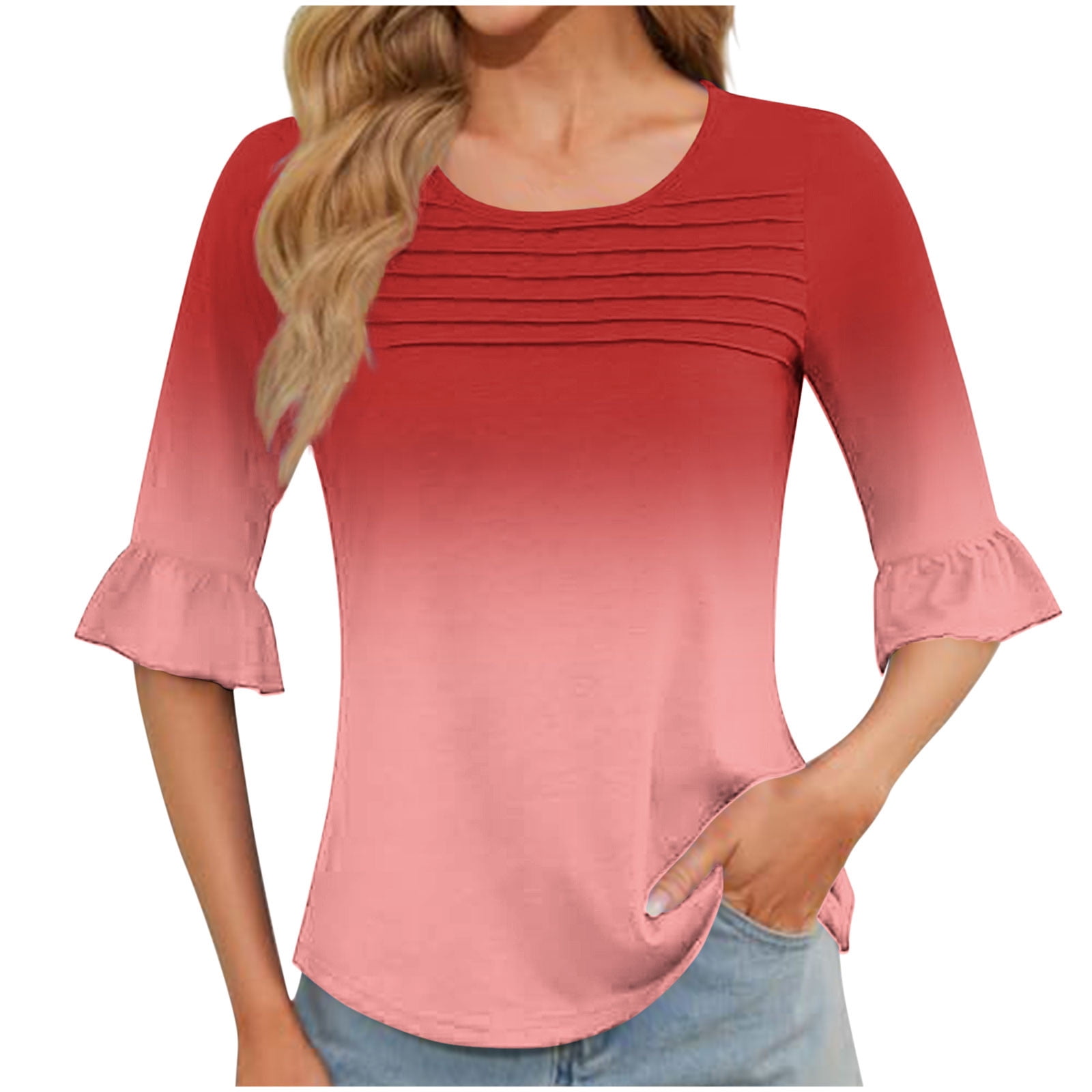 Heisall Women's Gradient Color Flounce Sleeve Short Sleeve V-Neck ...