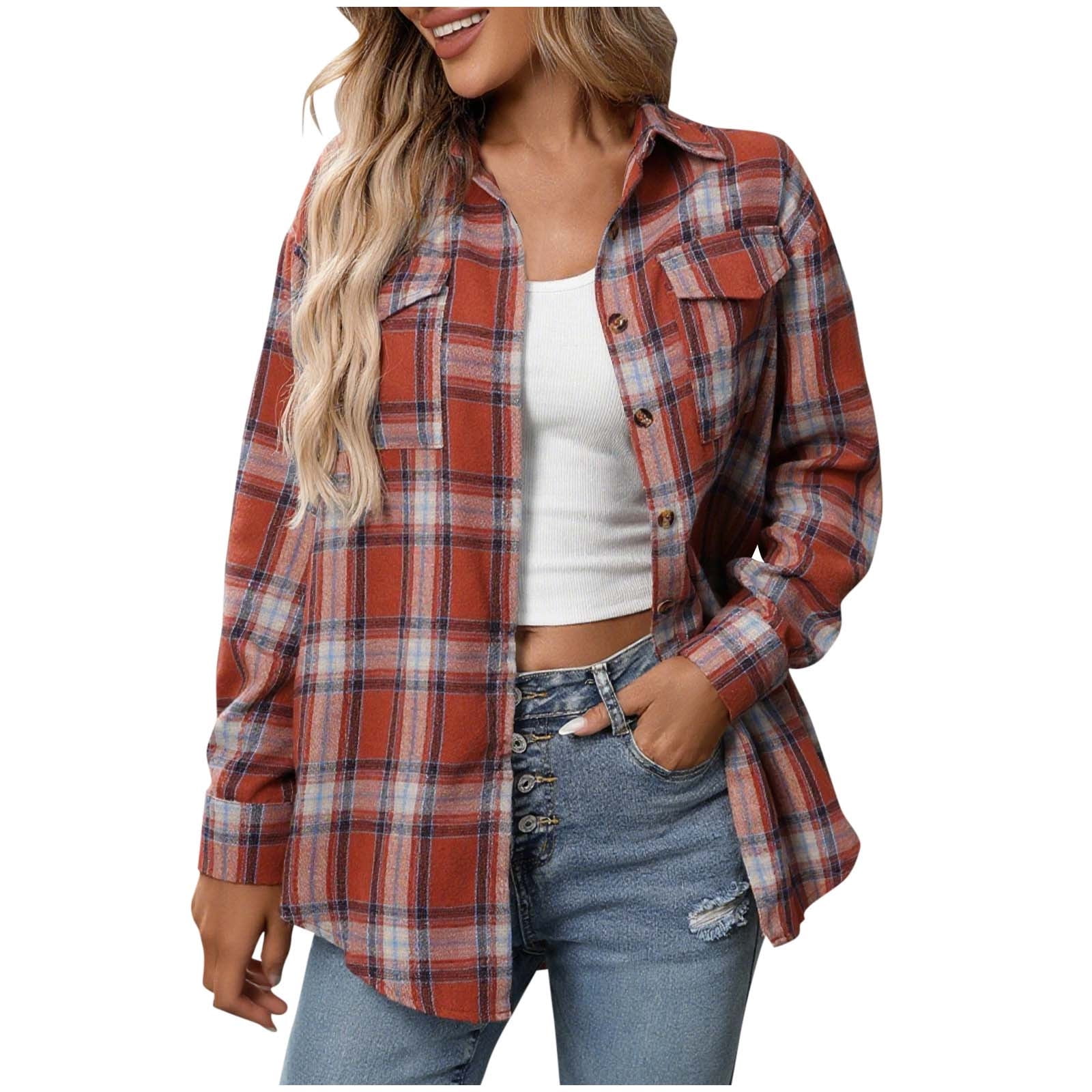 Heisall Women's Long Roll Up Sleeve Cotton Flannels Plaid Shirts ...