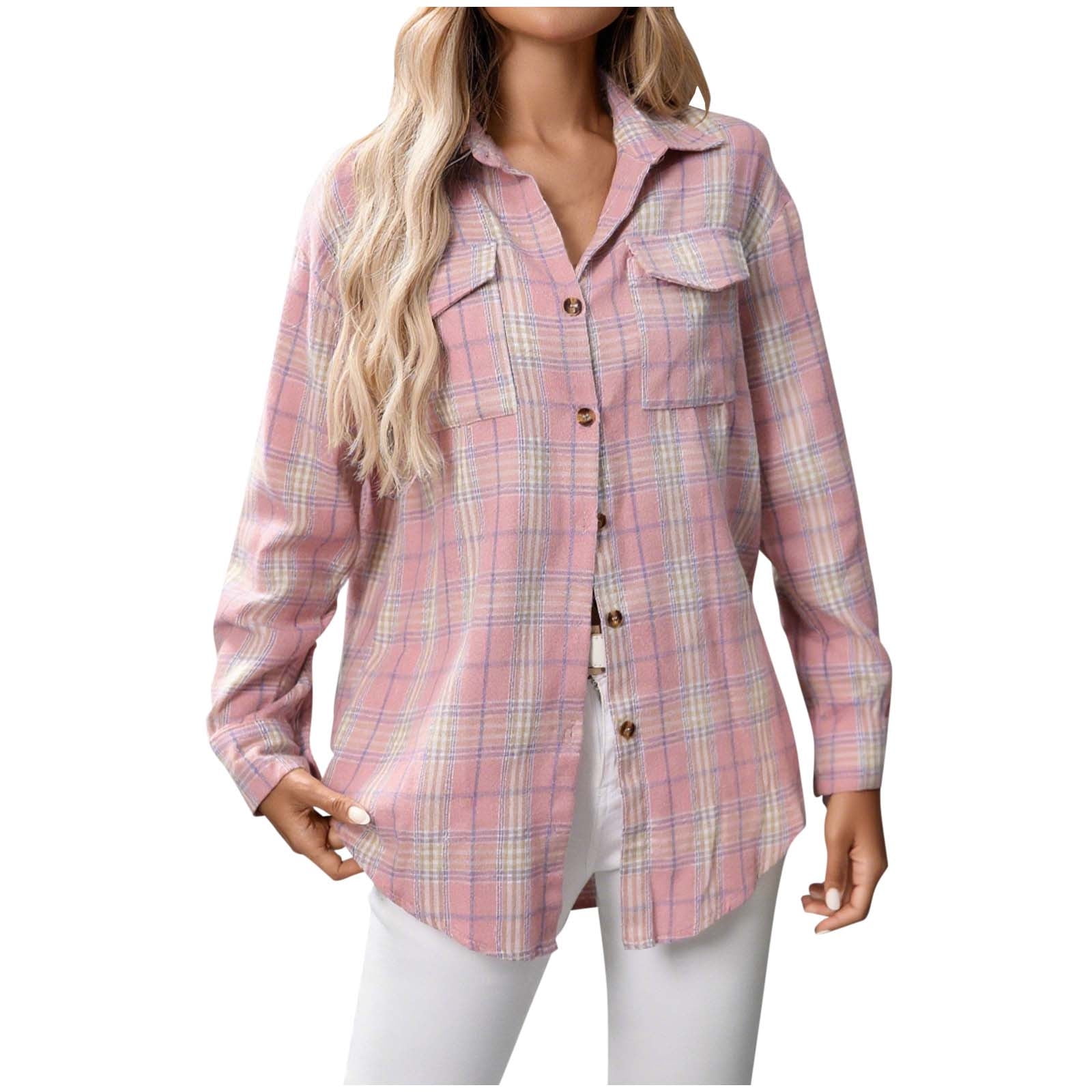 Heisall Women's Long Roll Up Sleeve Cotton Flannels Plaid Shirts ...