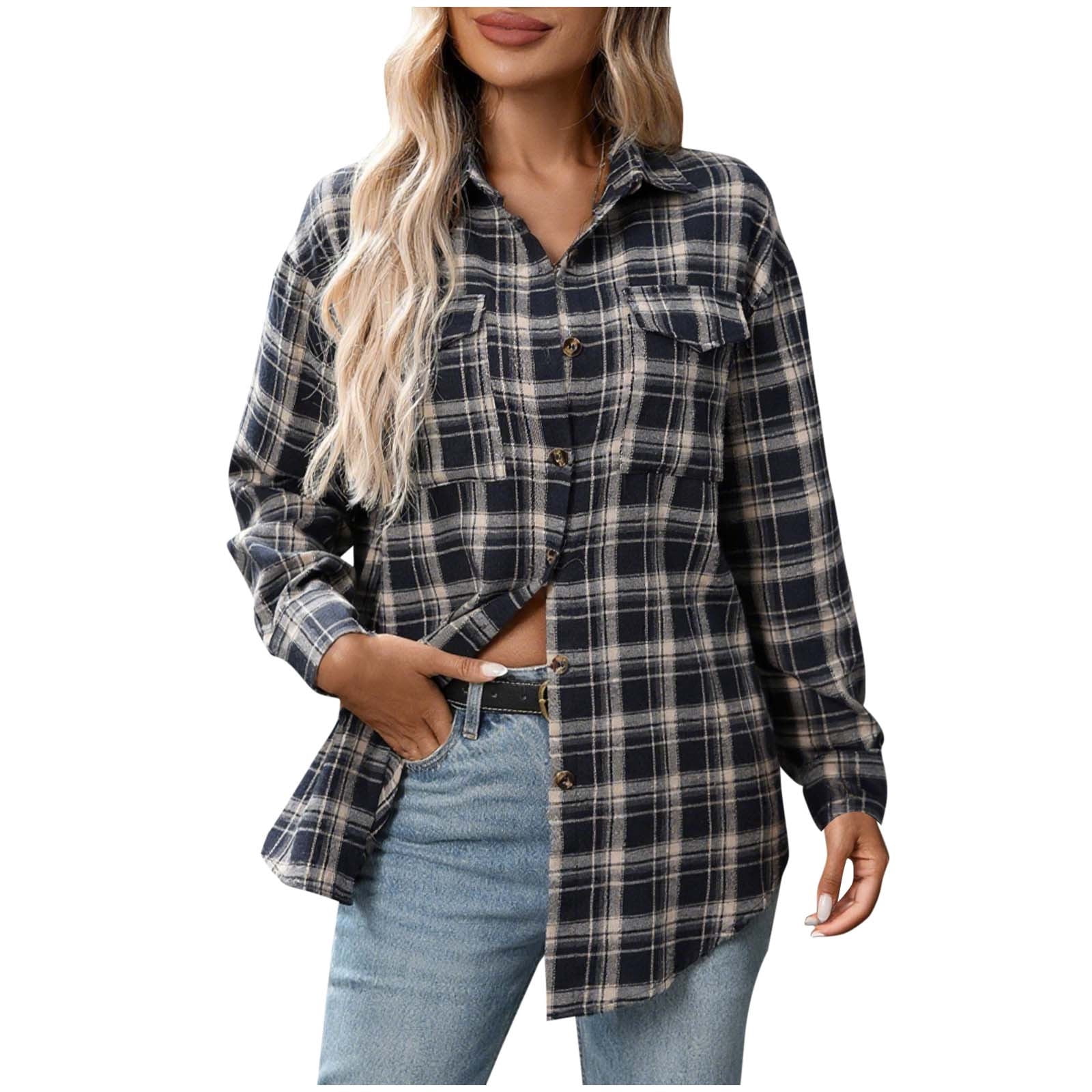 Heisall Women's Long Roll Up Sleeve Cotton Flannels Plaid Shirts ...