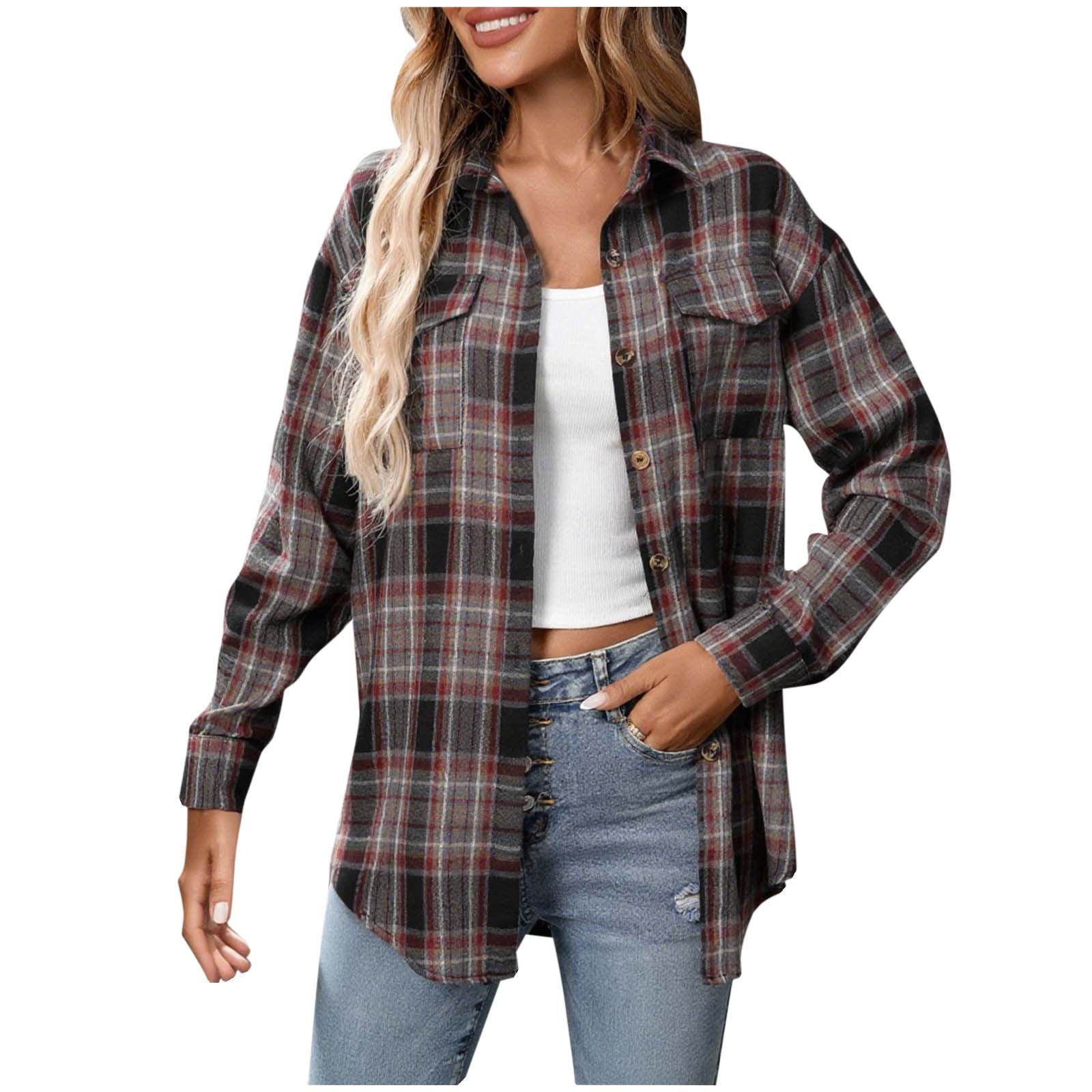 Heisall Women's Long Roll Up Sleeve Cotton Flannels Plaid Shirts ...