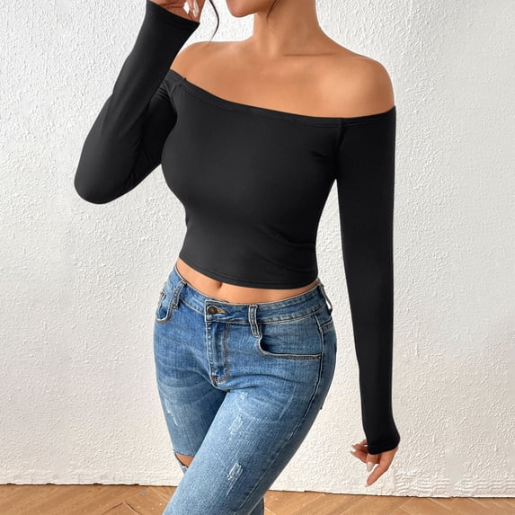 Heisall Women's Long Sleeve Off Shoulder Tops Ribbed Knit Slim Fit ...