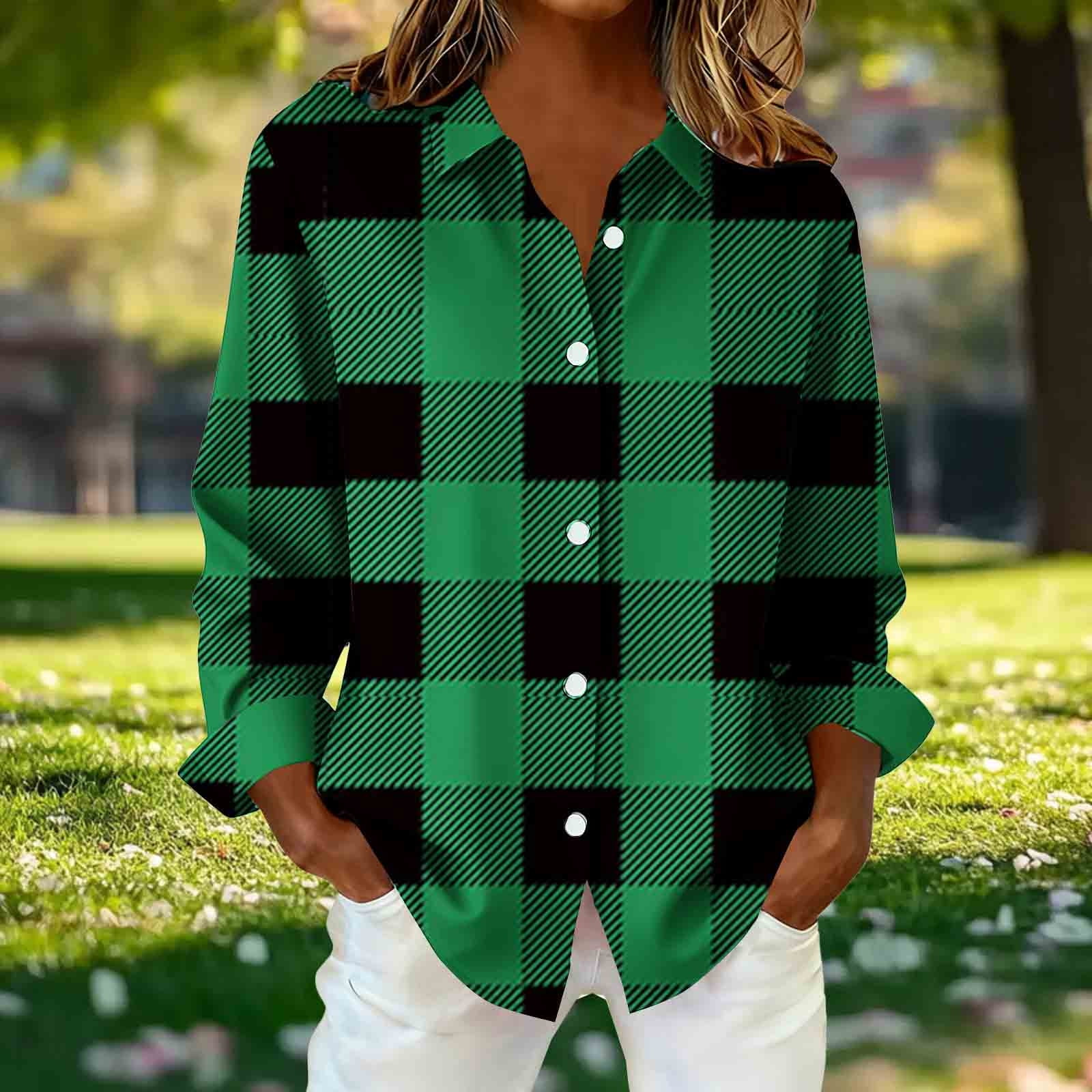 Heisall Women's Long Sleeve Plaid Print Button-Up Flared Shirt Loose ...