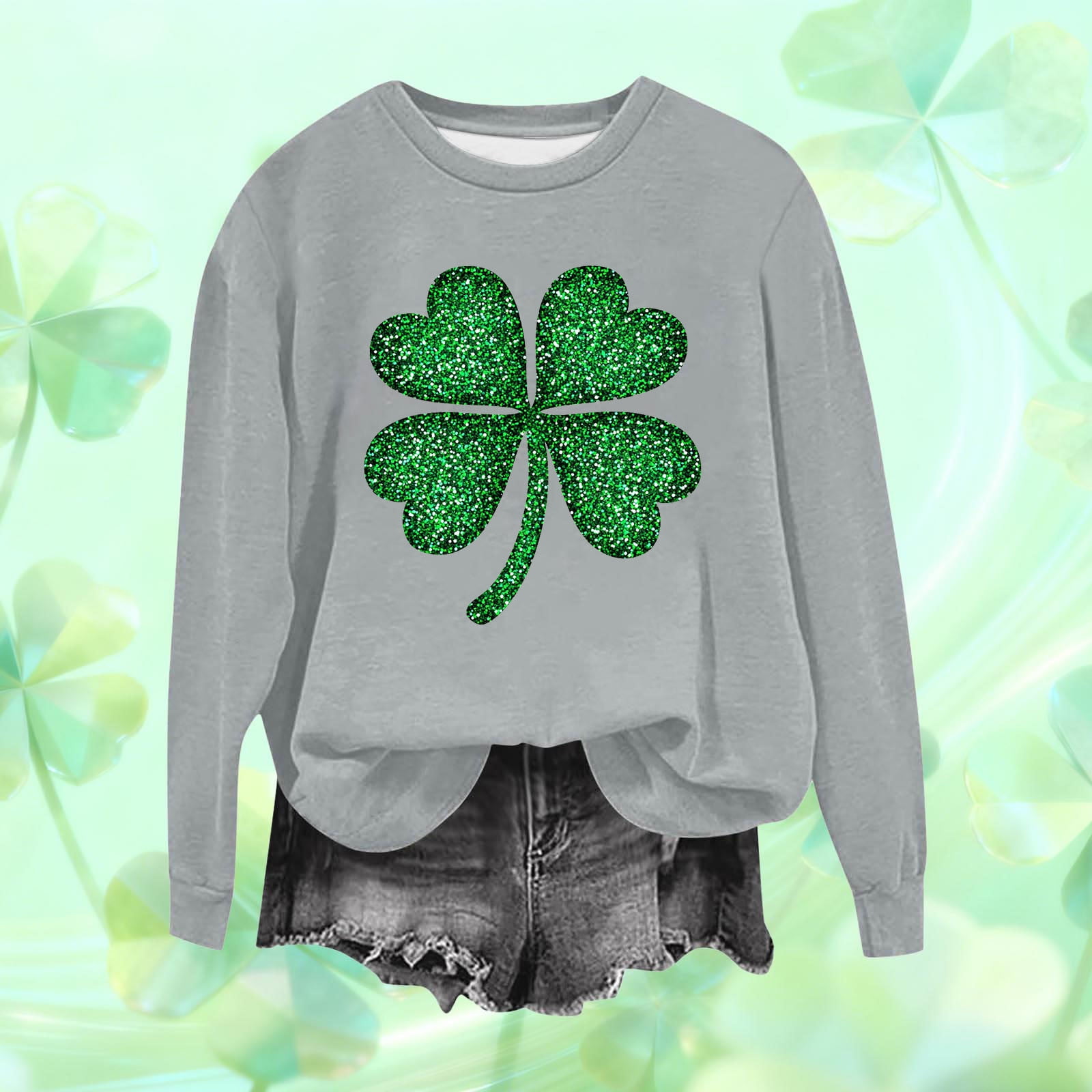 Heisall Women's Long Sleeve Sweatshirts Crew Neck Sequin Clover Print ...