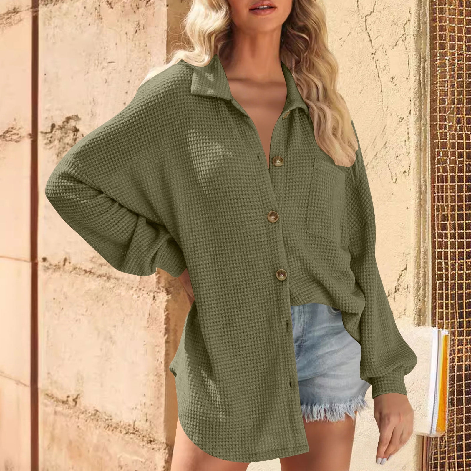 Heisall Women's Long Sleeve Waffle Knit Shirt Button Down Collared ...