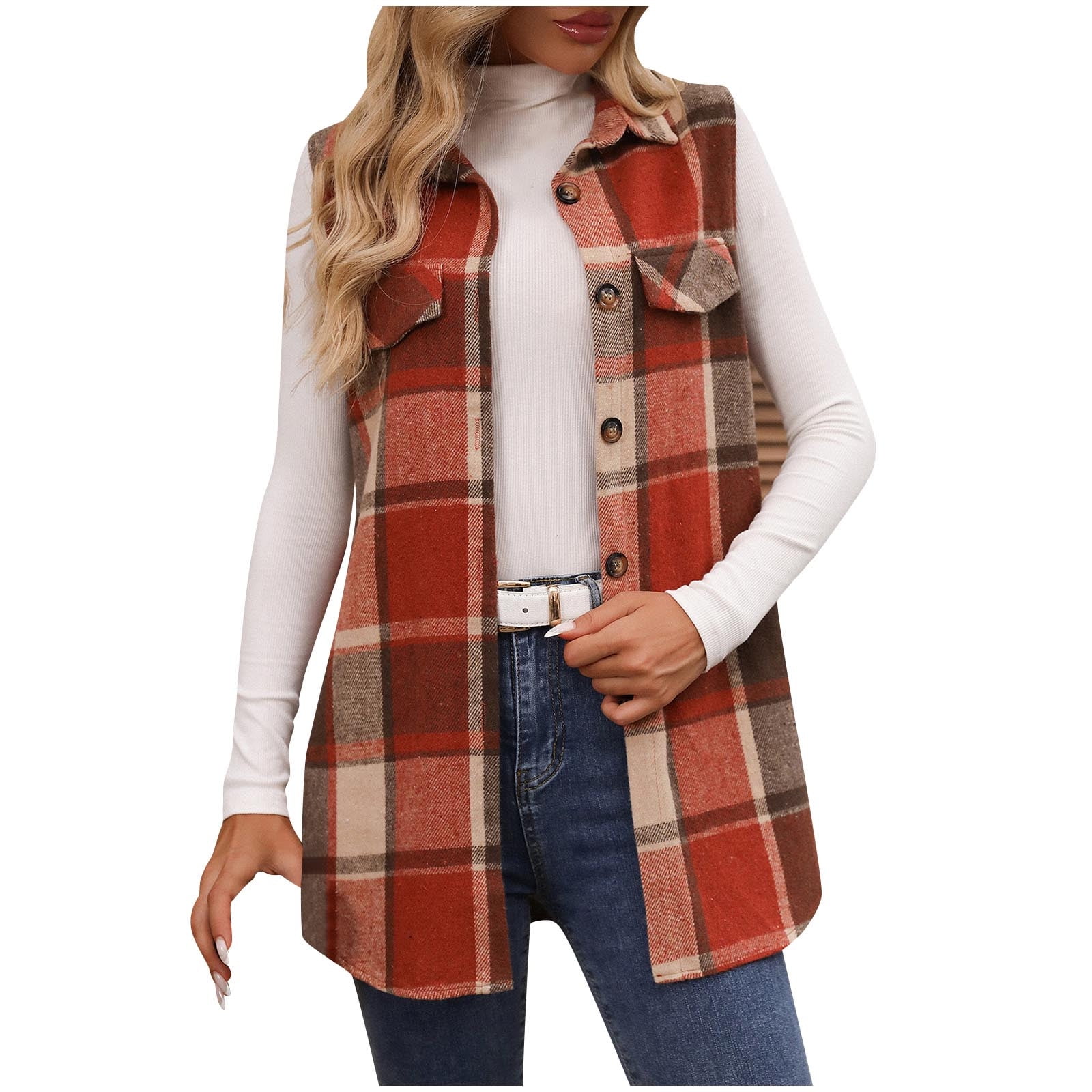 Heisall Women's Plaid Vest Flannel Button Down Sleeveless Shacket Shirt ...