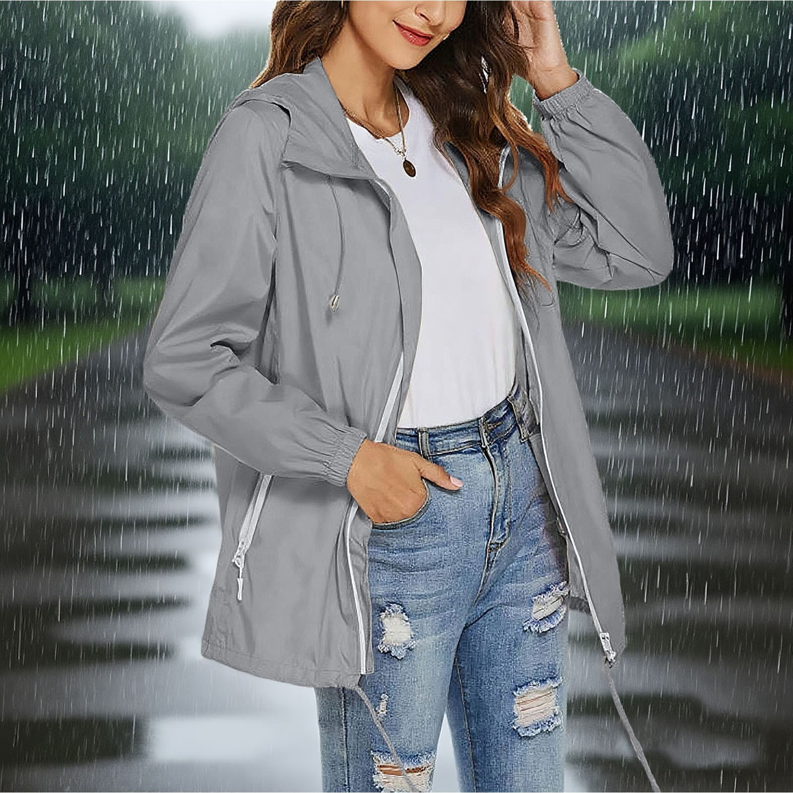 Heisall Women's Rain Jacket Waterproof Lightweight Zip-Up Long Sleeve ...