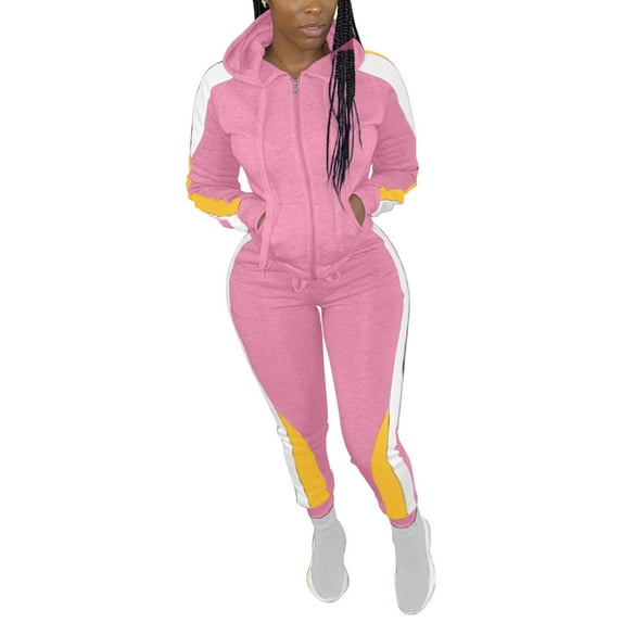 Heisall Women's Trendy Color Block Casual Two-piece Set - Hooded Zipper ...
