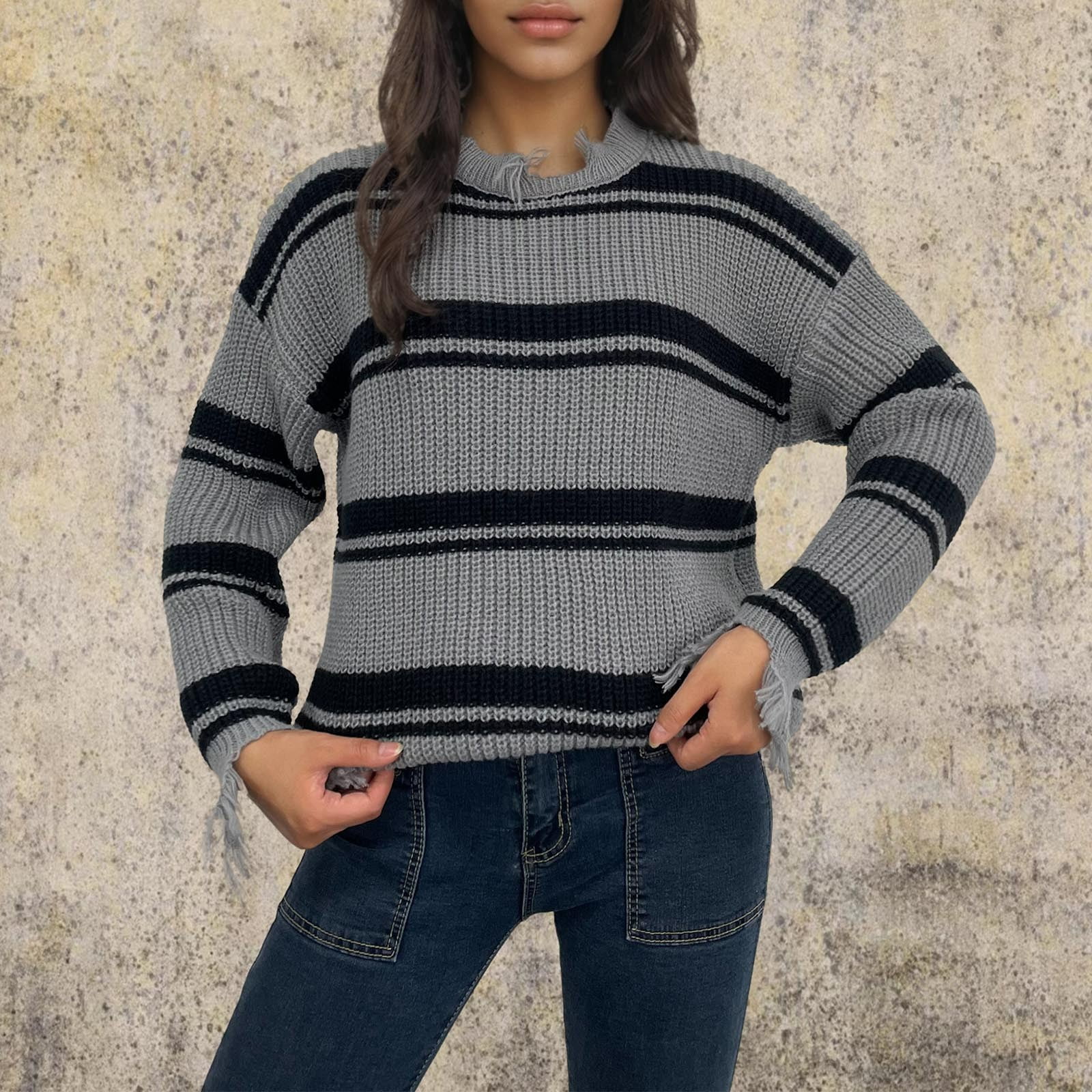 Heisall Womens Autumn Winter Sweaters Round Neck Loose Casual Striped ...