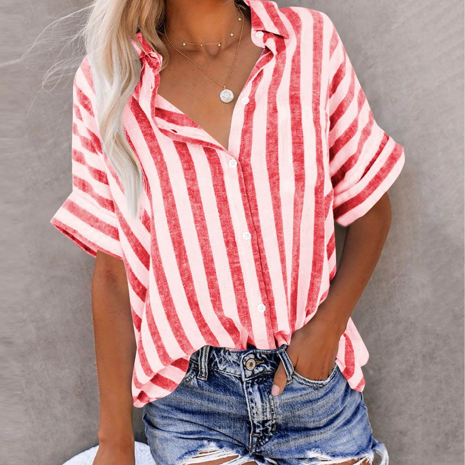 Heisall Womens Blouses Short Sleeve Turn-Down Collar Casual Cotton ...