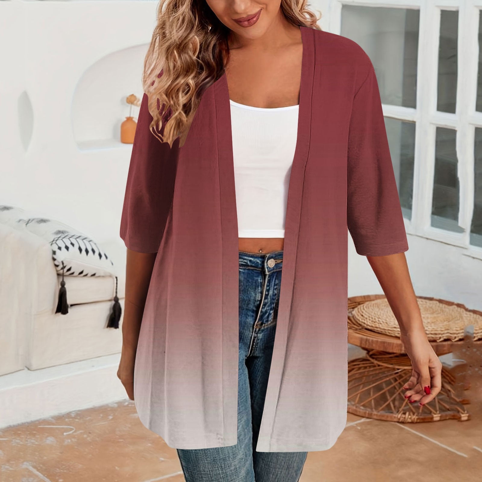 Heisall Womens Cardigans Solid Color Gradient Casual Versatile Cover-Up ...
