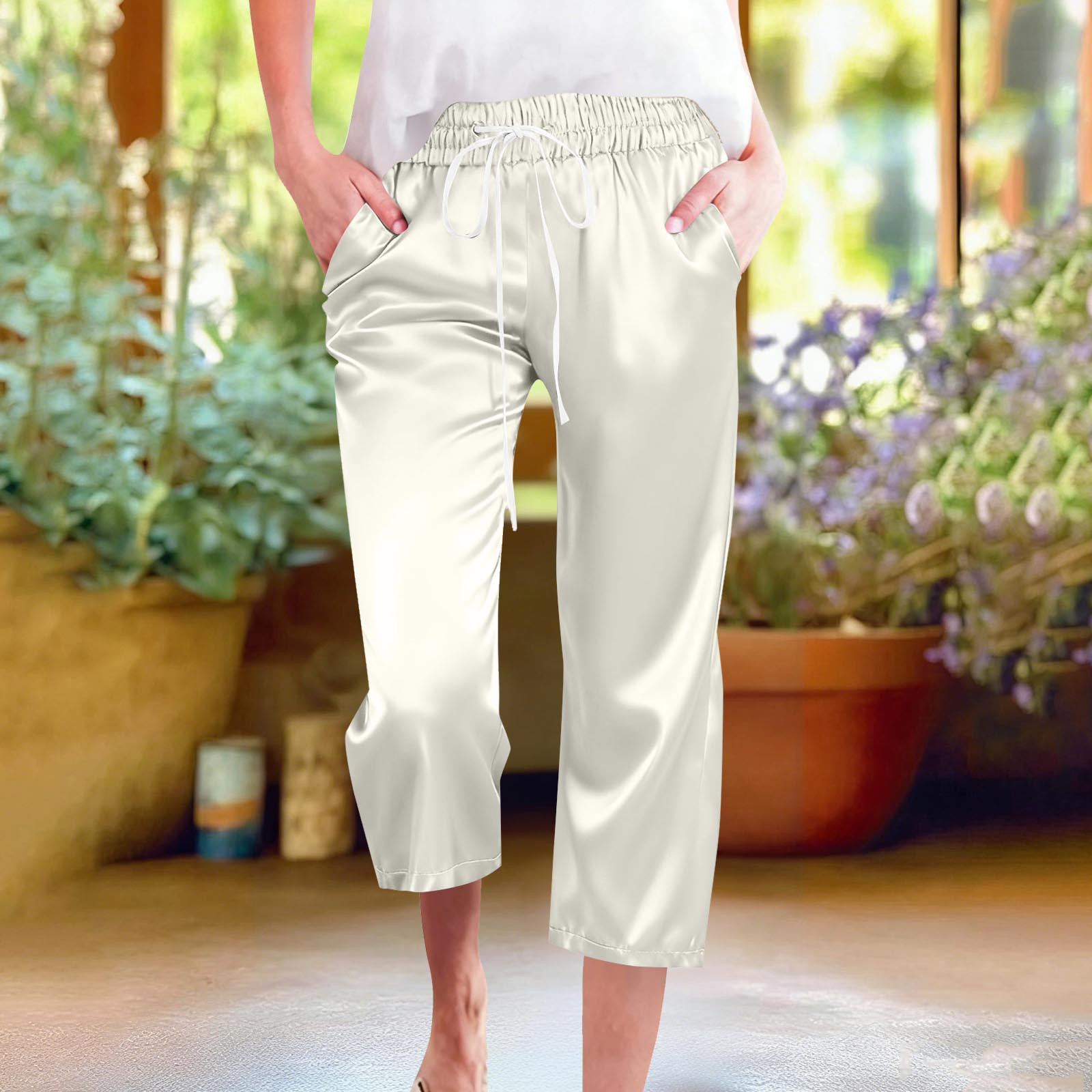 Heisall Womens Silk Satin Capri Pants Casual Loose Pajama Pants ...