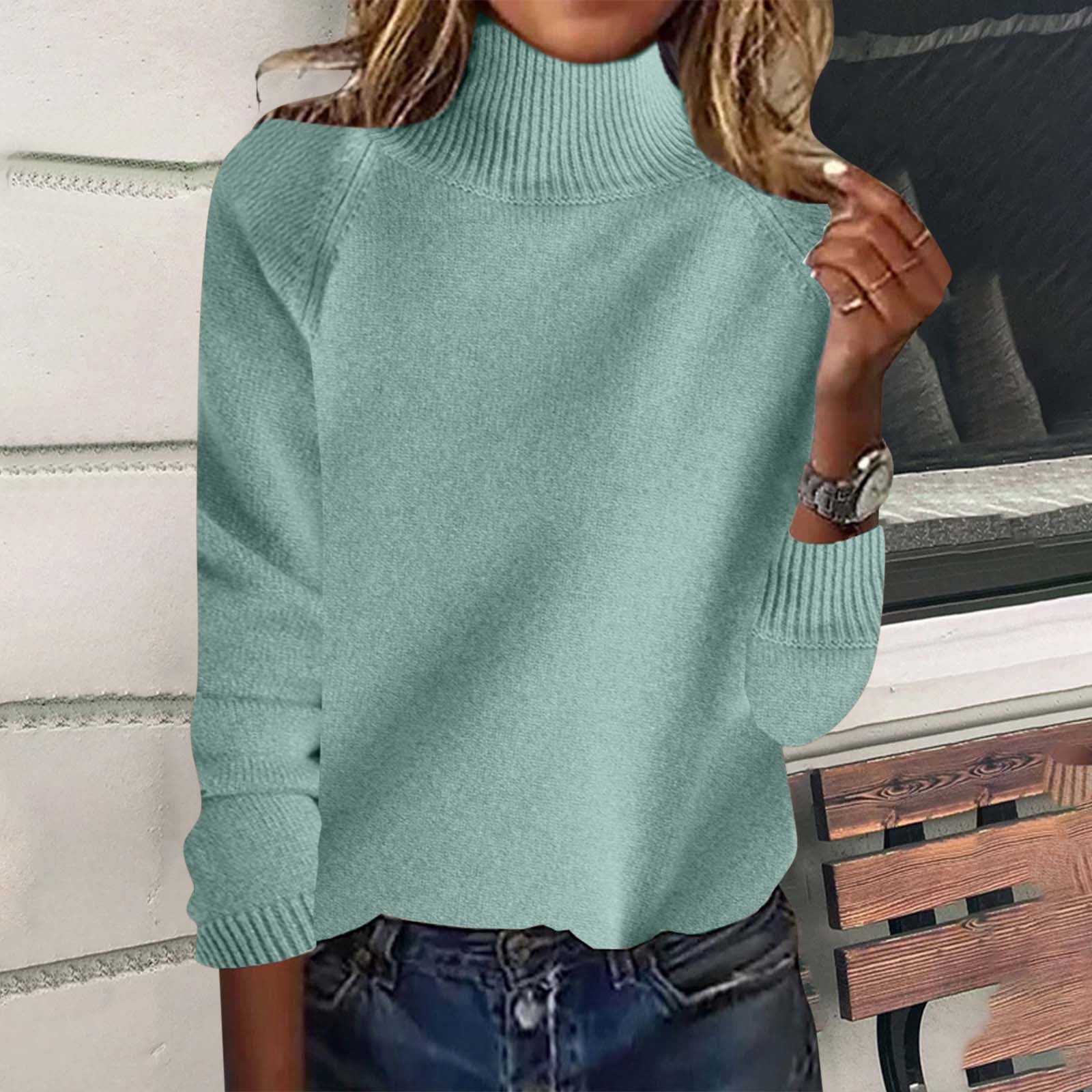 Heisall Womens Sweaters Solid Color Raglan Sleeve Thickened High Neck ...