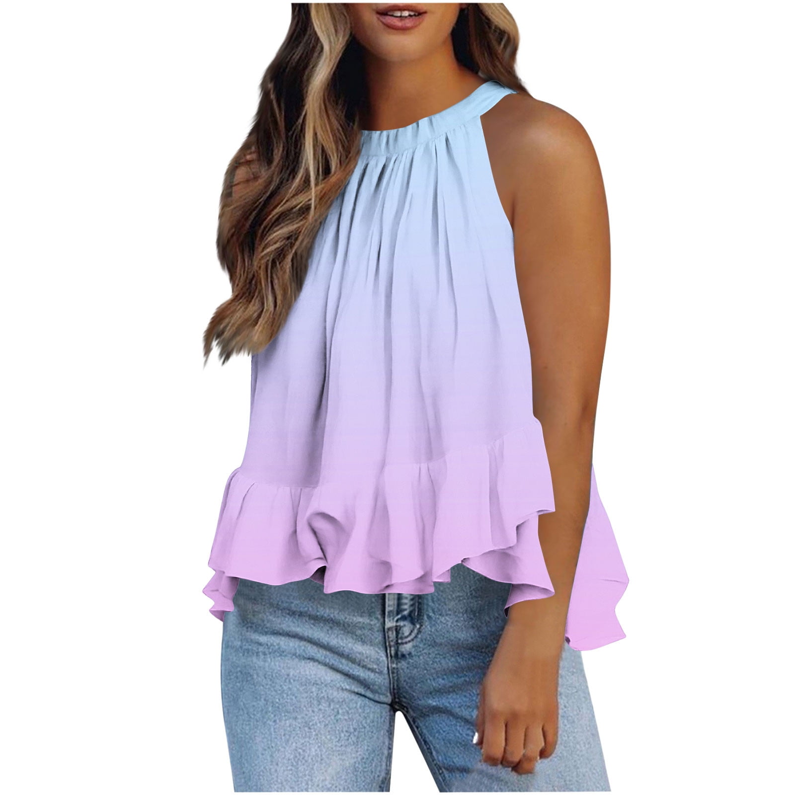 Heisall Womens Tank Tops Gradient Halter Neck Back Tie Ruffled Hem T ...