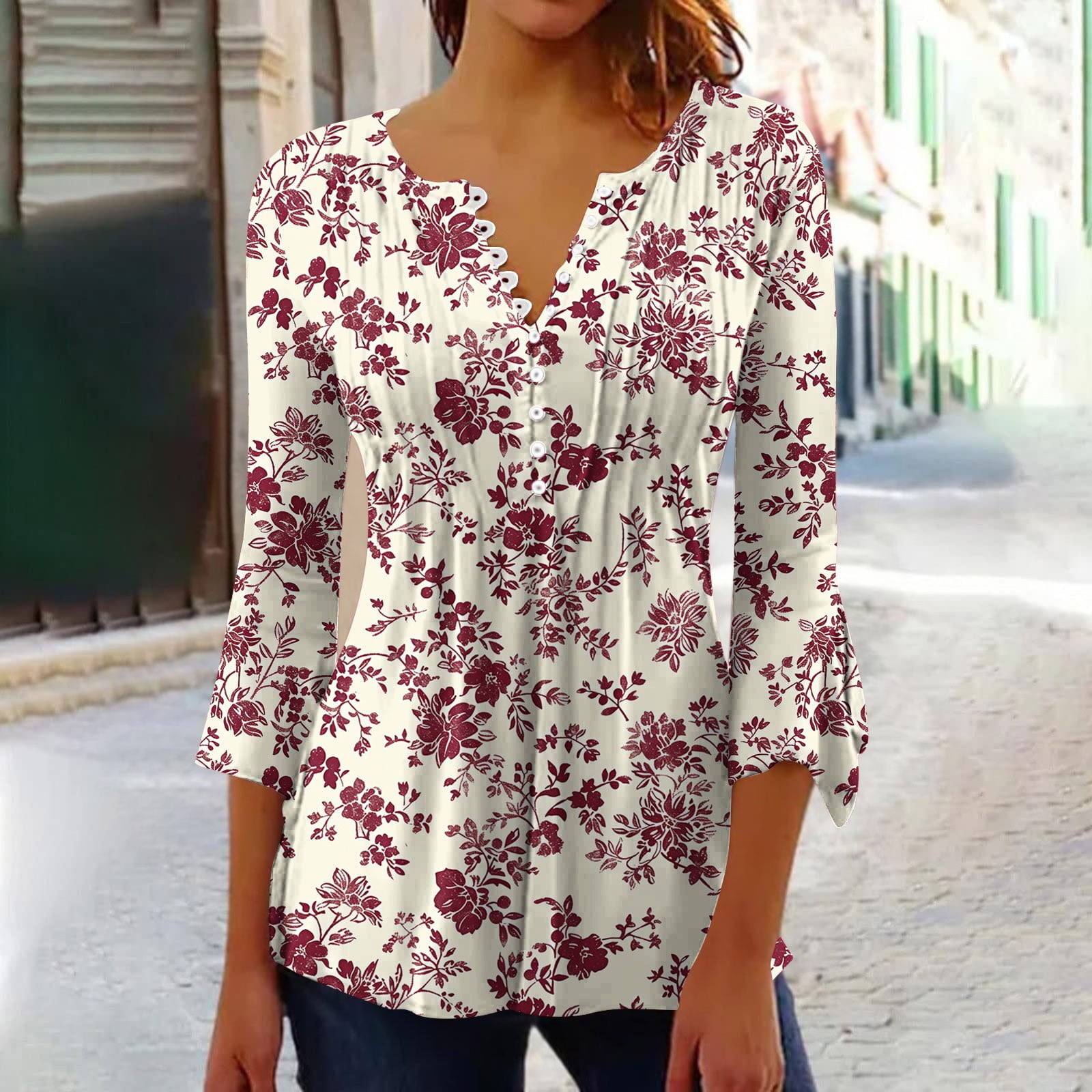 Heisall Womens Tops 3/4 Sleeve Flared Blouses V-Neck Pleated Cinched ...