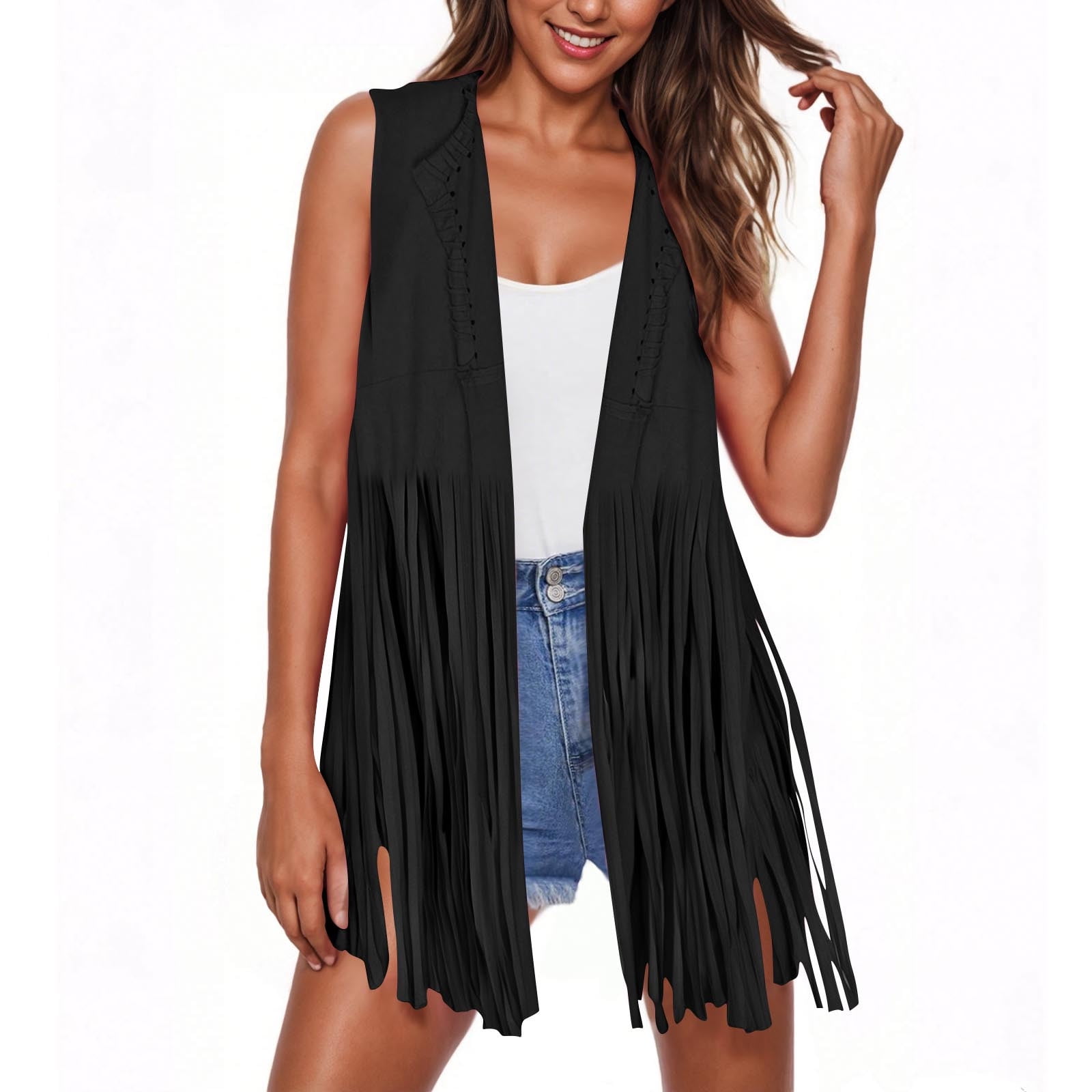Heisall Womens Vests Suede Buttonless Mid-Length Fringe Woven Casual ...