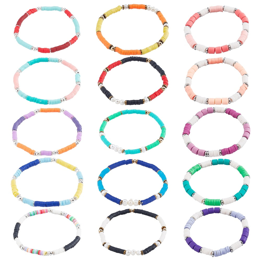 Heishi Bracelet 15 Styles Clay Disc Bracelet Polymer Clay Beaded Bracelet Surfer Stretch Cord ...