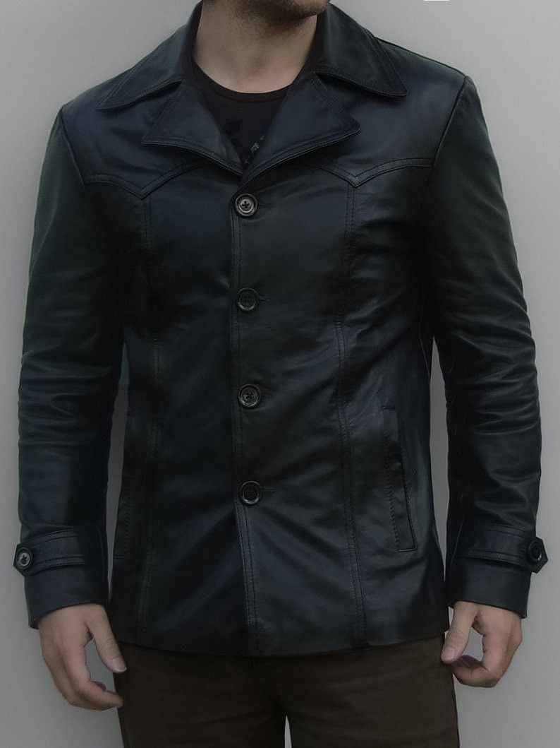 Heist - Mens Black Vintage Style Button Leather Jacket - Walmart.com