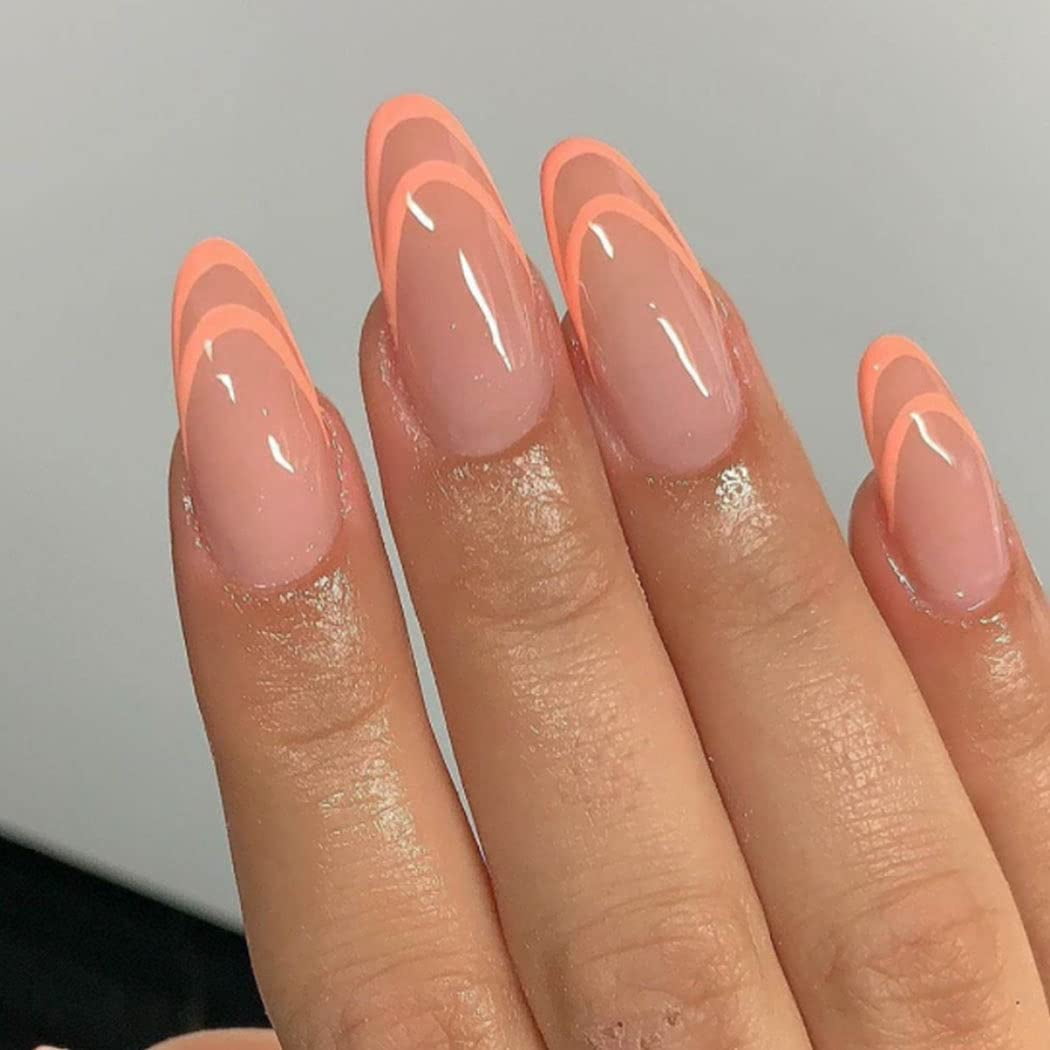 Heldig Glossy Medium Fake Nails Oval Press on Nails Designed Abstract Line French Nails Tips Almond Cute Full Cover Acrylic False Nails Sets for Women and Girls 24Pcs Walmart
