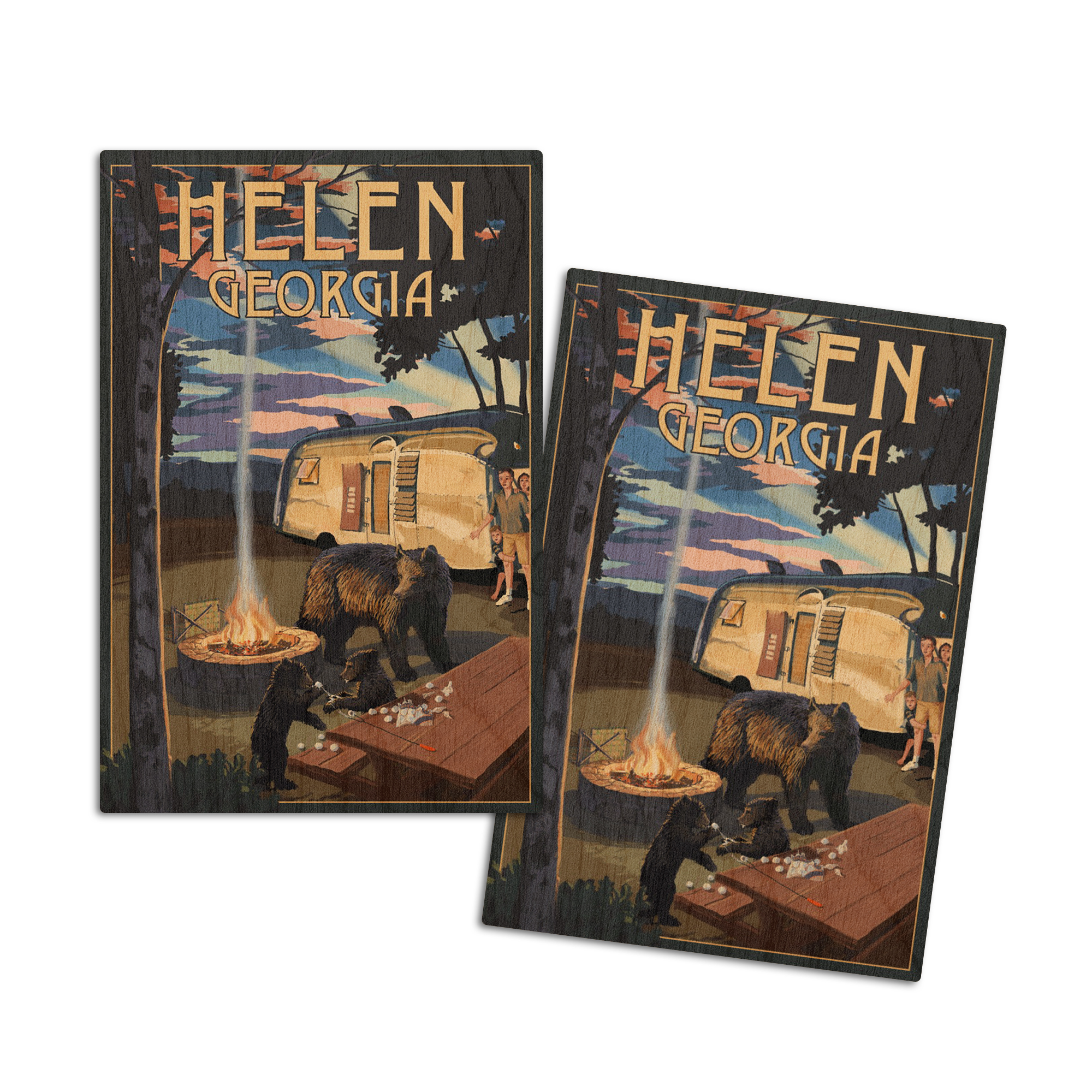 Helen, Georgia, Retro Camper and Lake with Bear Family (4x6 Birch Wood ...
