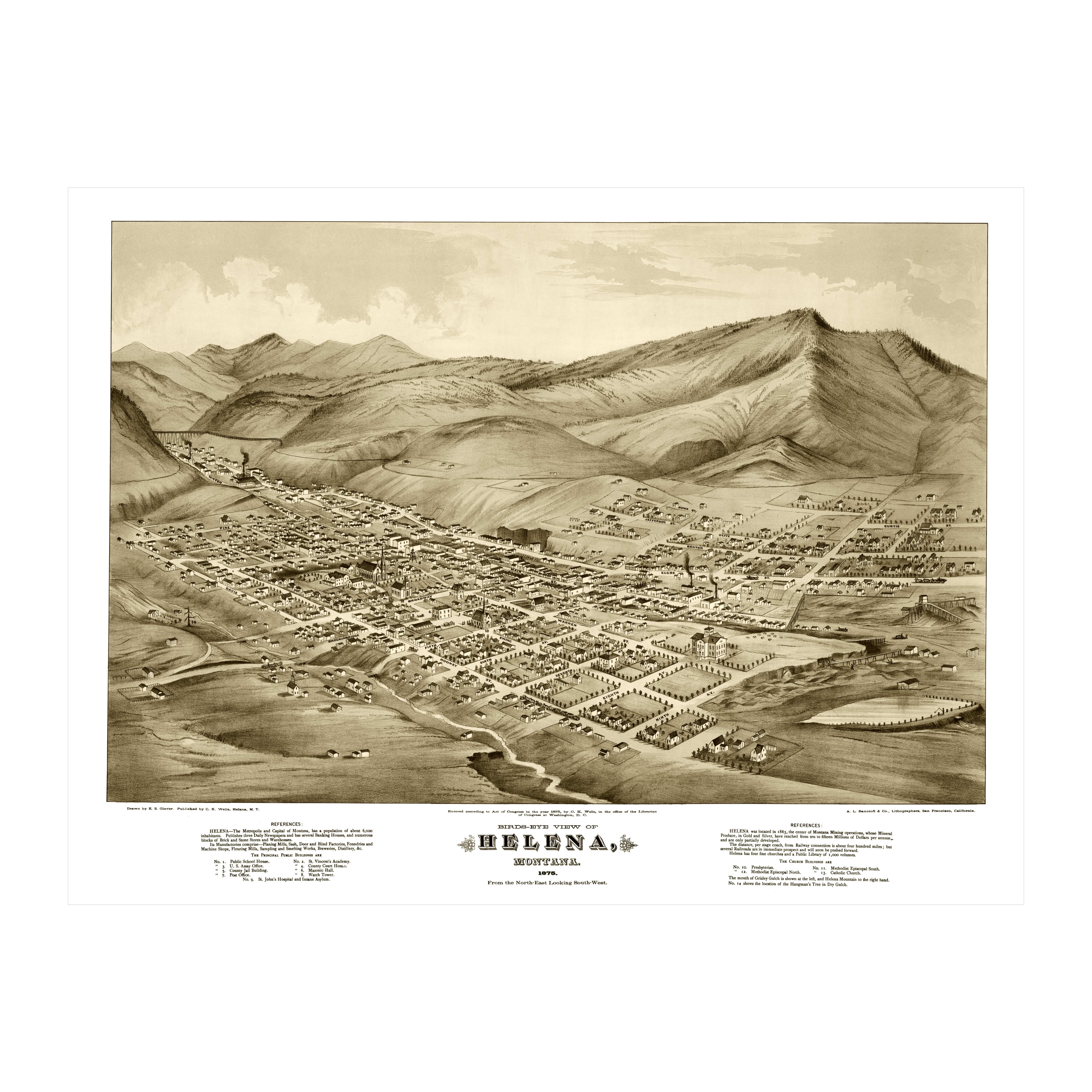 Helena Art, 1875 Vintage Map of Helena Montana, MT History Wall Decor ...