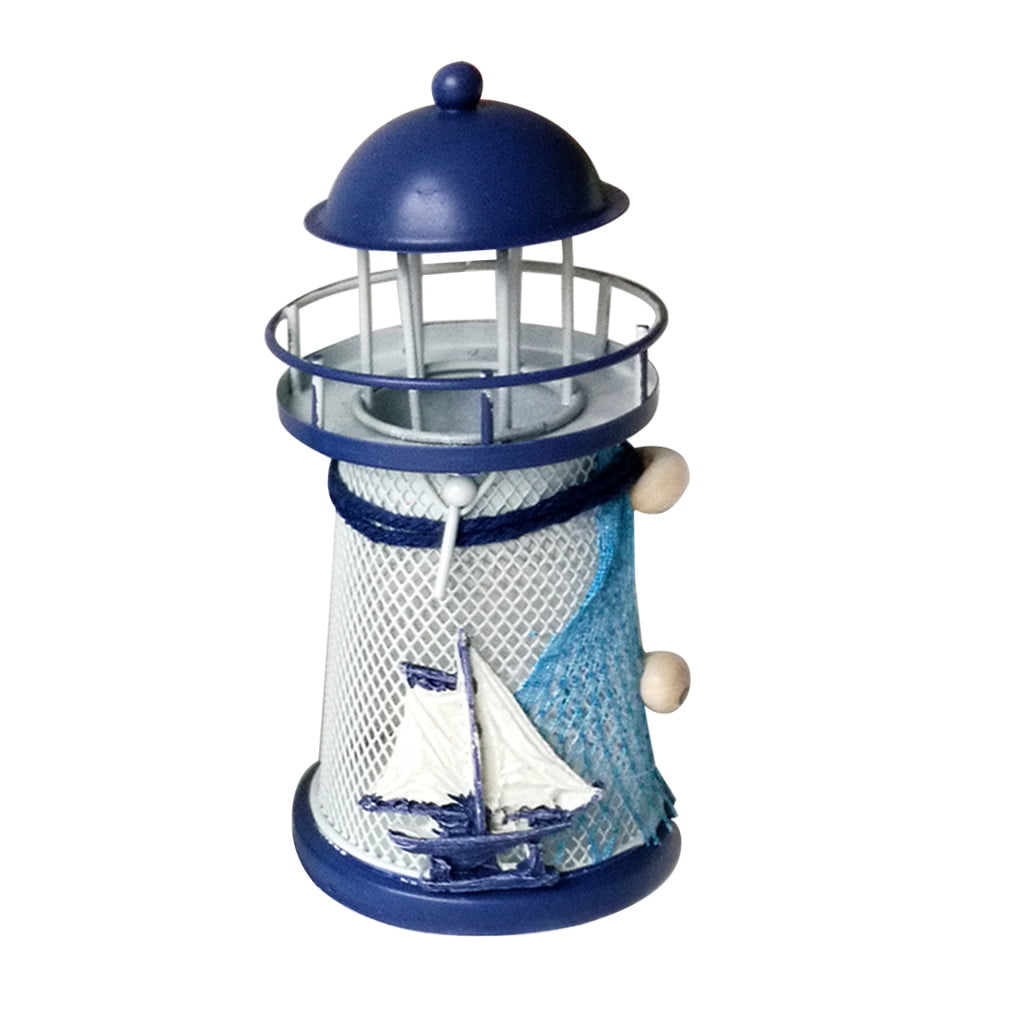 Helenmas Mediterranean Lighthouse Iron Candle Candlestick Blue White ...