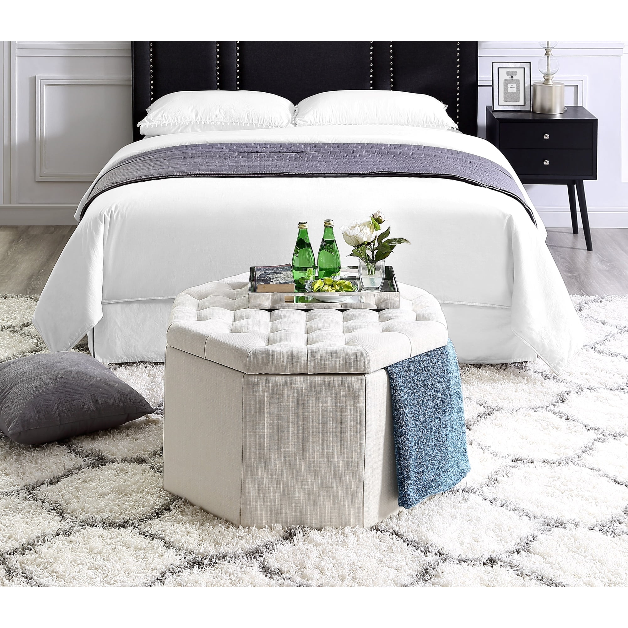Inspired Home Zora Linen Ottoman Upholstered Tufted Cocktail, Cream ...