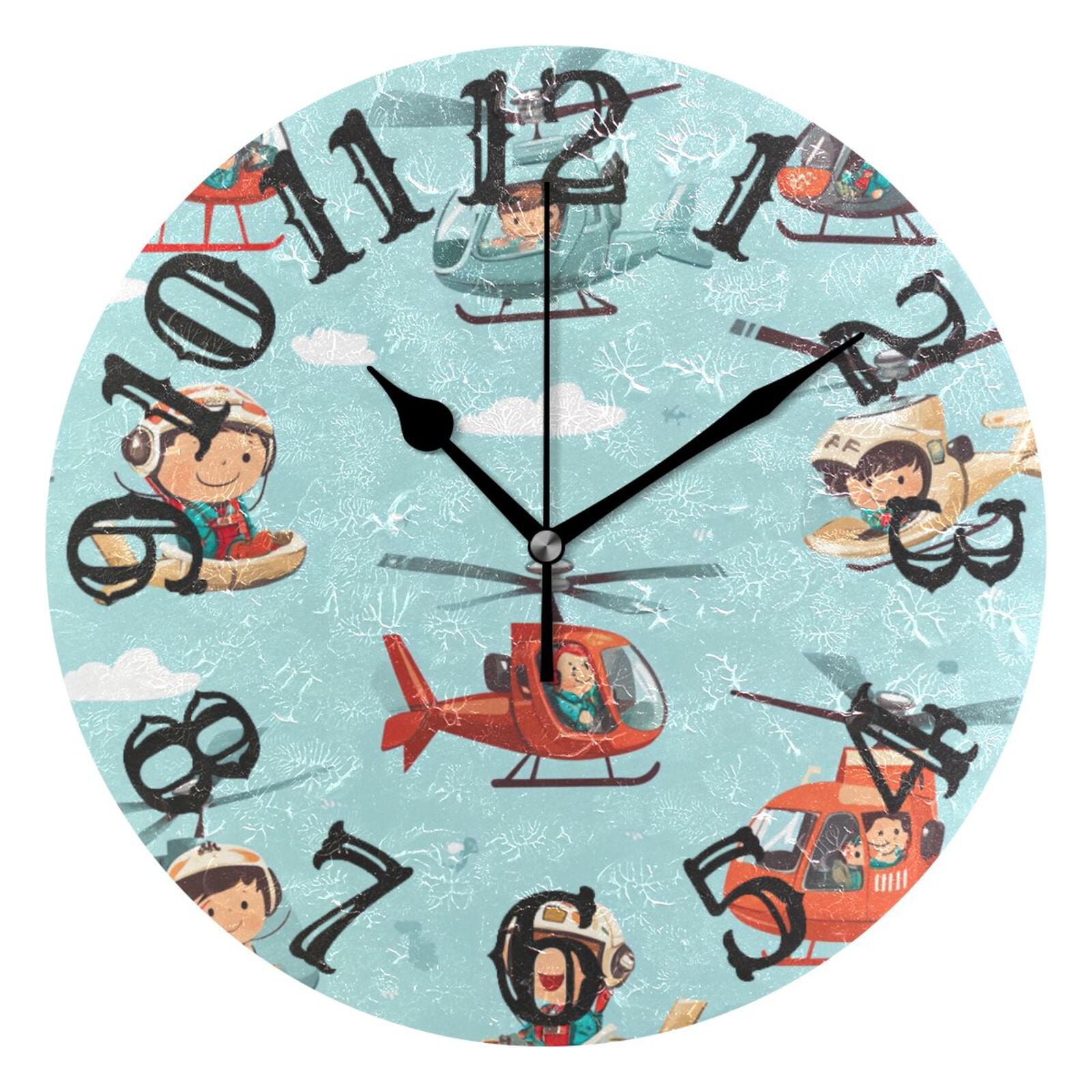 Helicopters Cute Pilots Wall Clock 10 inch Non-Ticking Easy to Read ...