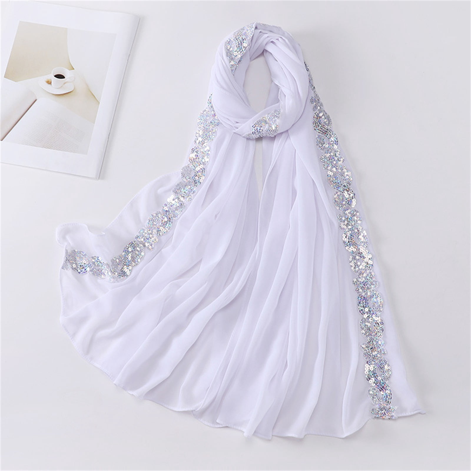 Helii Chiffon Hijab Scarf for Women – Pearl Chiffon Embroidery Sequins ...