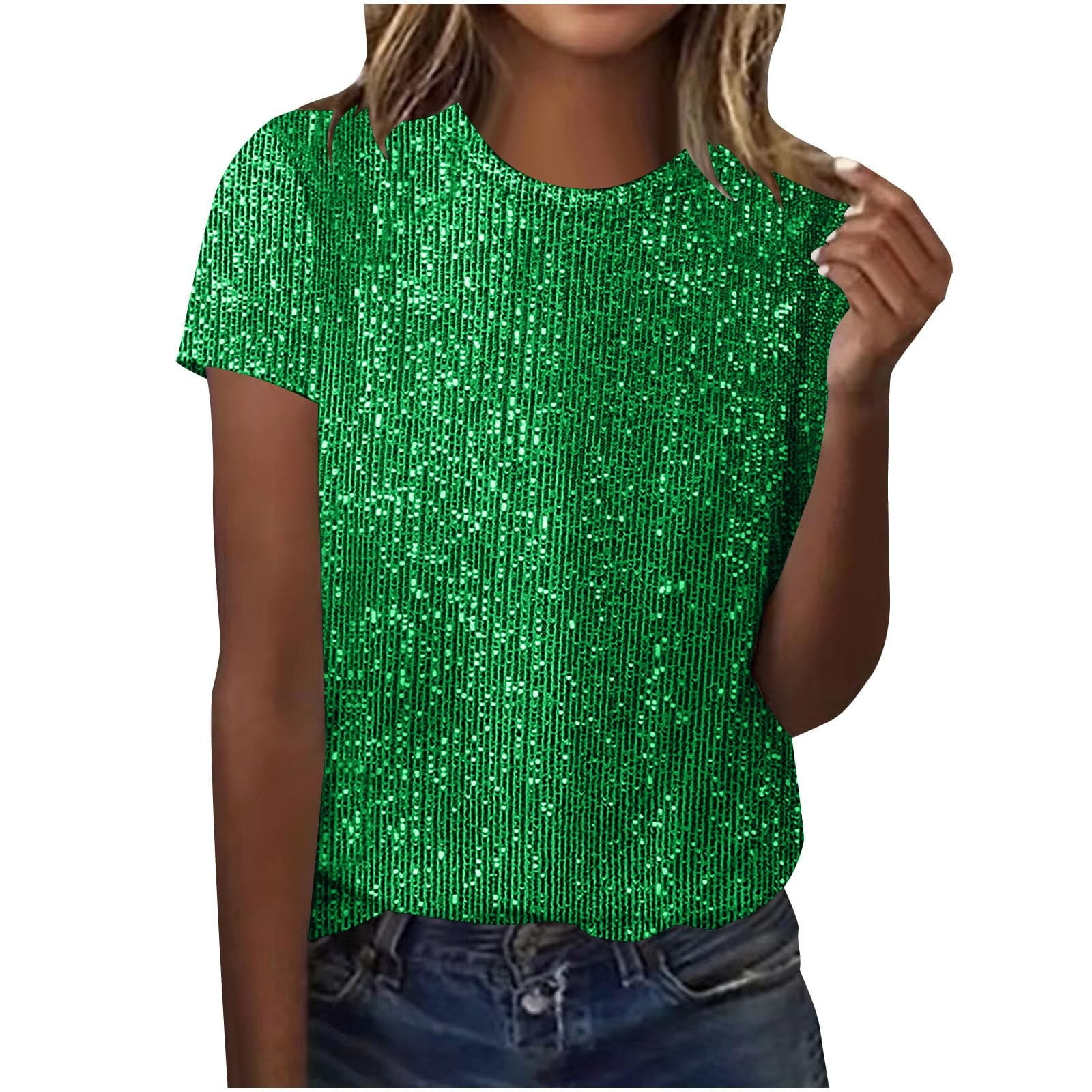 Helii T Shirts for Women Casual Sequin Glitter Round Neck Short Sleeve ...