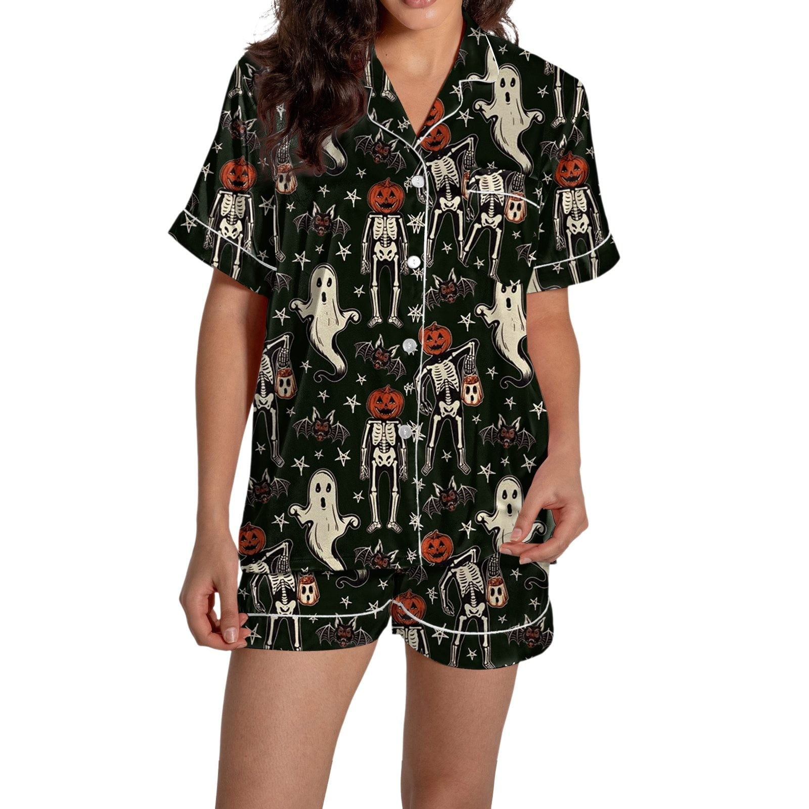 Helii Women Halloween Graphic Printed Button Shirt Pajamas Sets Silk Satin Cute Sleepwear Short ...