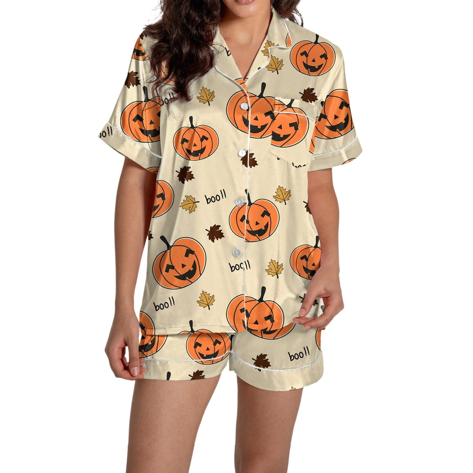 Helii Women Halloween Graphic Printed Button Shirt Pajamas Sets Silk Satin Cute Sleepwear Short ...