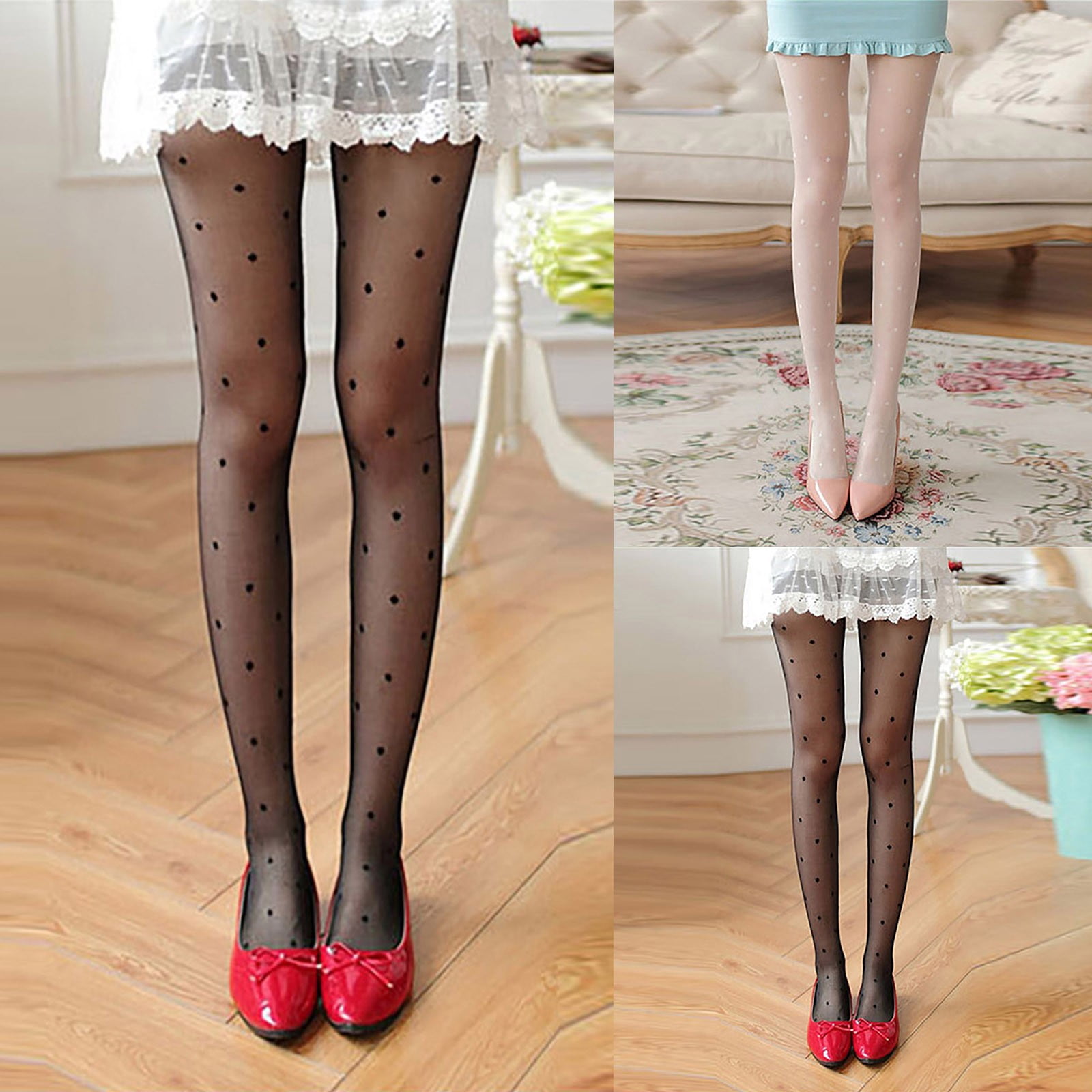 Helii Women's Polka Dot Sheer Black Pantyhose Comfort Stretch Thin ...