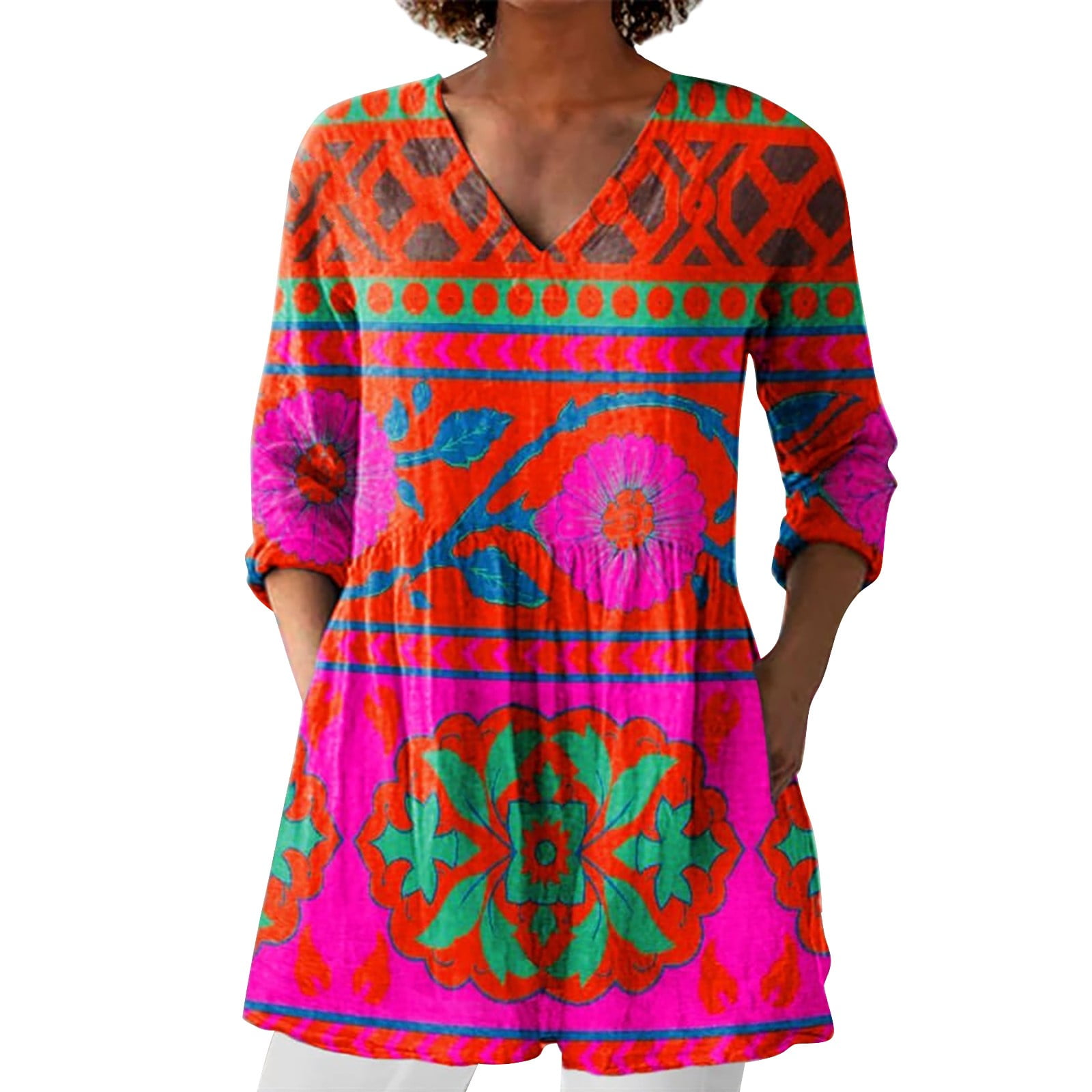 Helii Womens 3/4 Length Sleeve Tops Pleated Print V Neck Dressy Casual ...