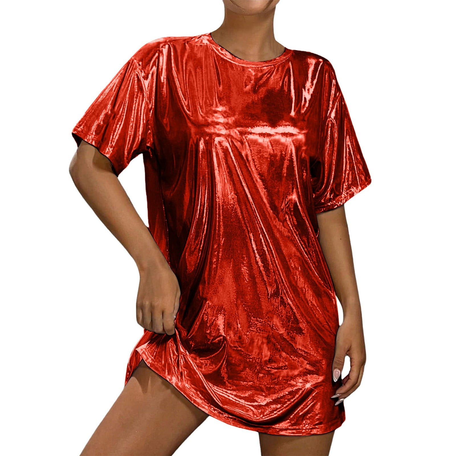 Helii Womens T Shirts Crew Neck Short Sleeve Shiny Metallic Casual Tops ...