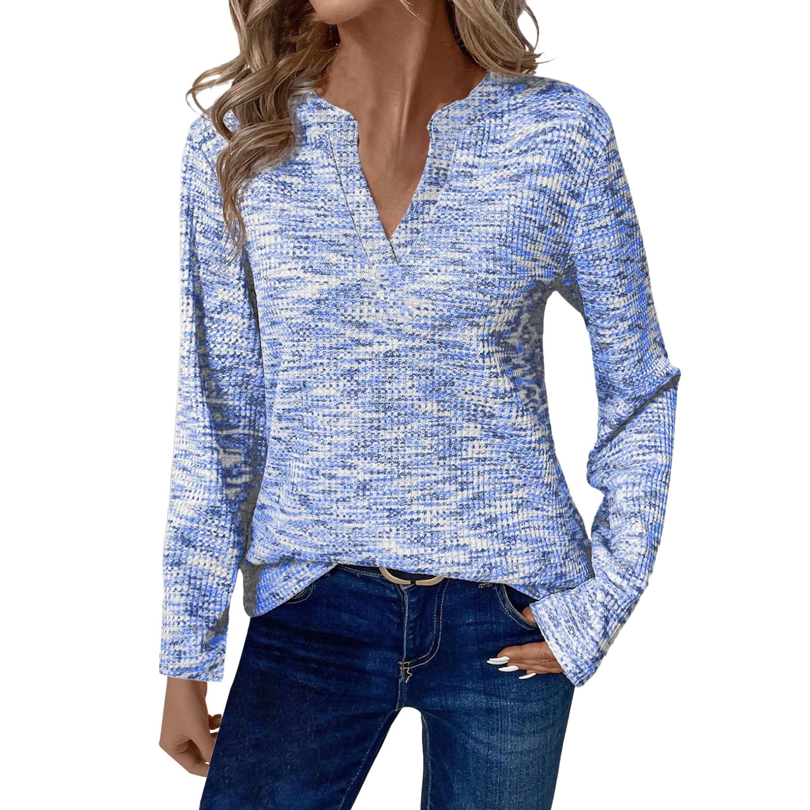 Helii Womens Waffle Knitted Pullover Sweaters V Neck Long Sleeve Shirts Casual Blouses Fall ...