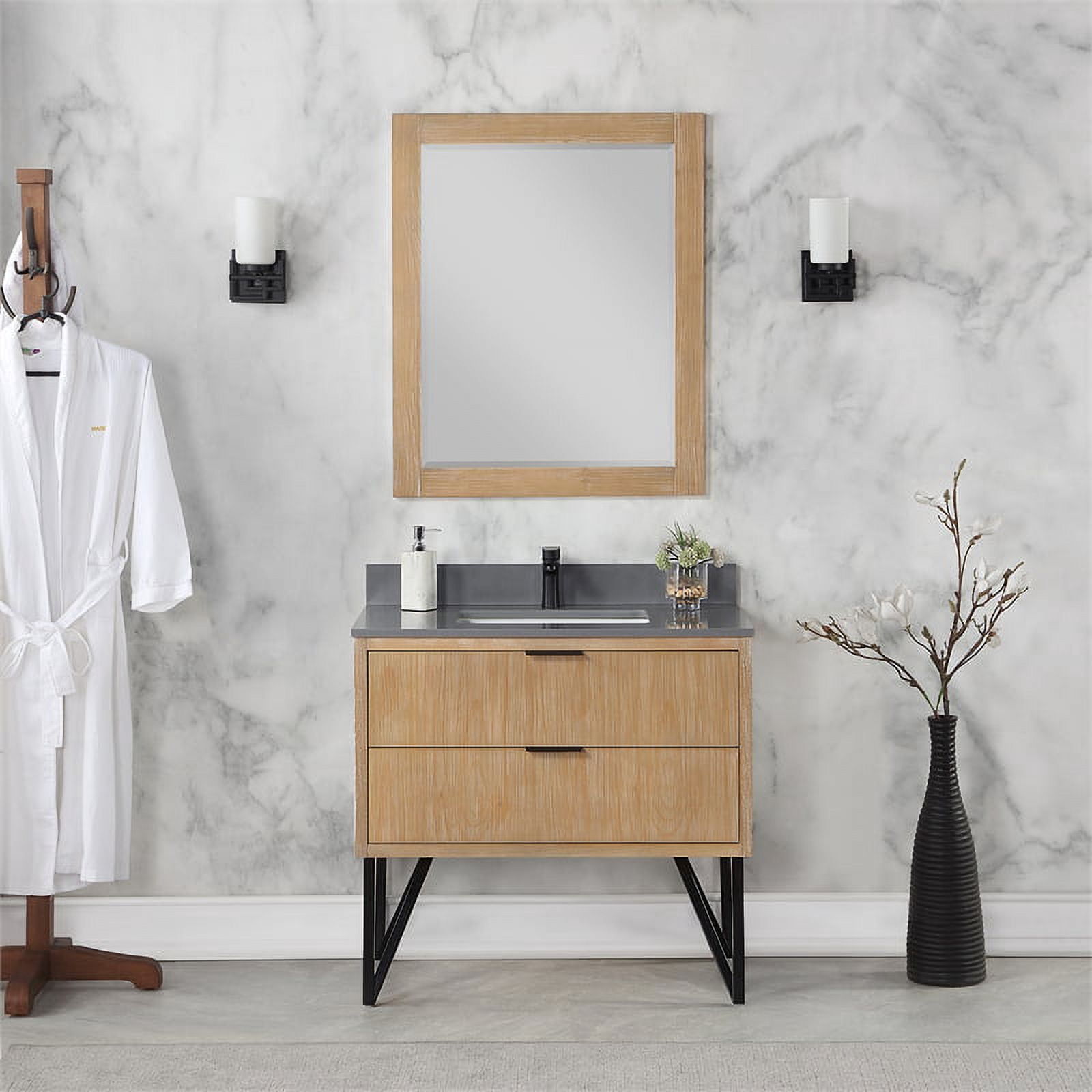 Helios 36" Single Bathroom Vanity in Weathered Pine with Carrara White ...