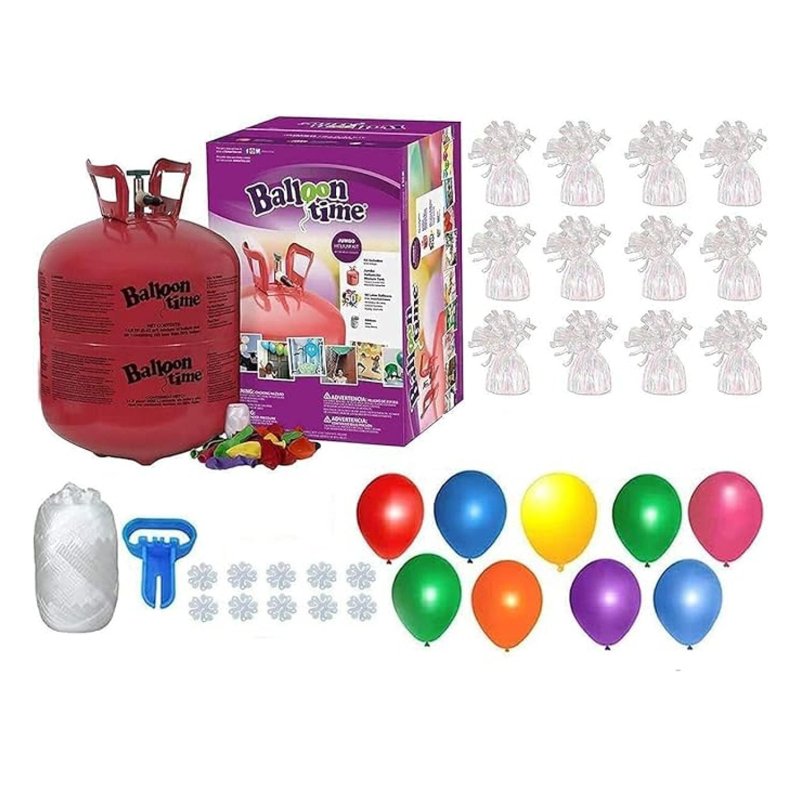 Helium with 50 Balloons and White Ribbon + 12 White Balloon Weights ...