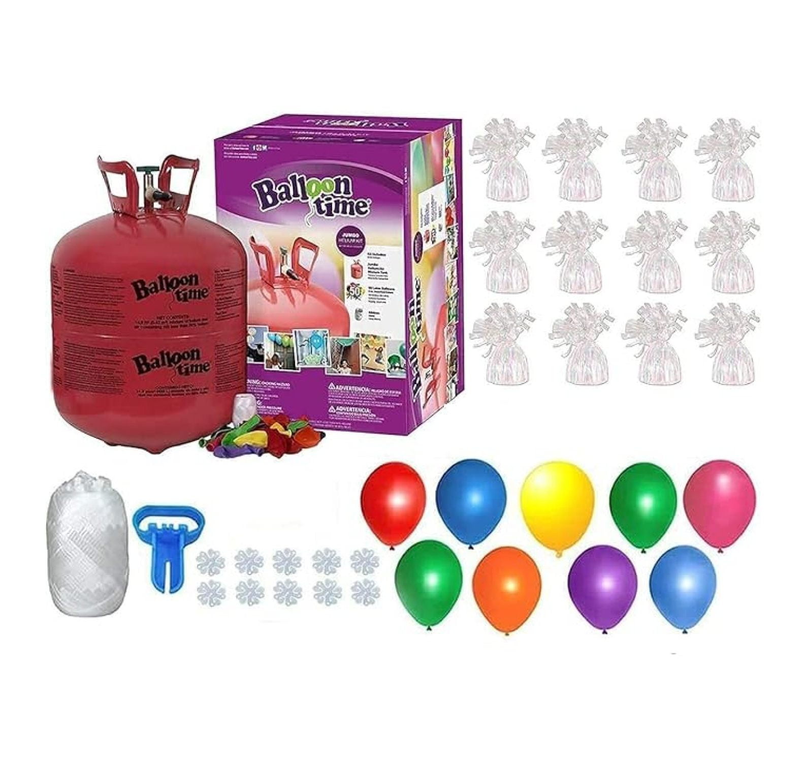 Helium with 50 Balloons and White Ribbon + 12 White Balloon Weights ...
