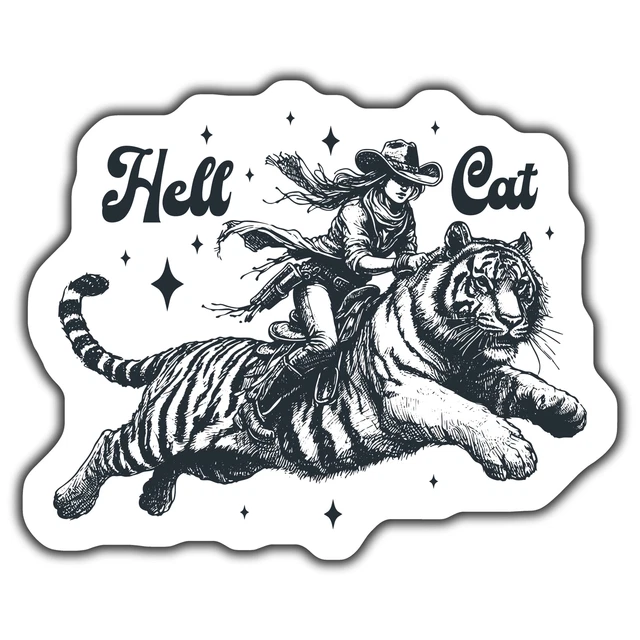 Hellcat Sticker, Cowgirl Riding Tiger Sticker, Retro Western Animal ...