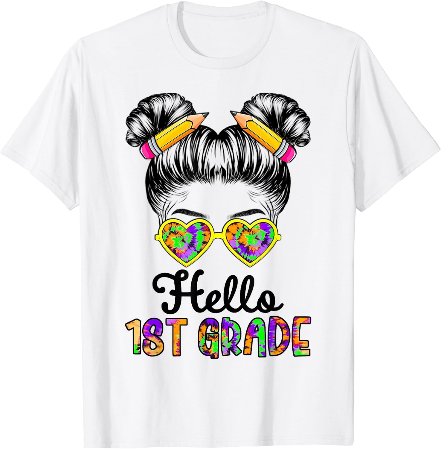 Hello 1st Grade Messy Bun Girl - First Grade Back To School T-Shirt ...
