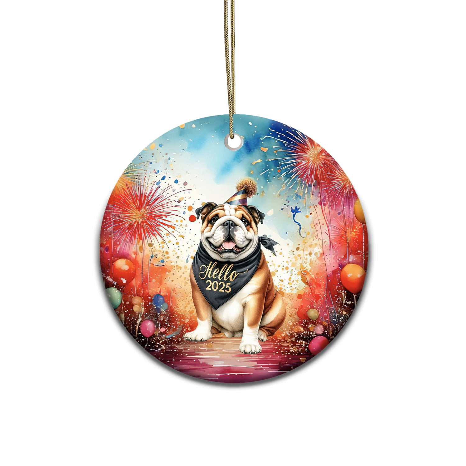 Hello 2025 Bulldog Celebrates Happy New Year Firework Balloon Ceramic ...