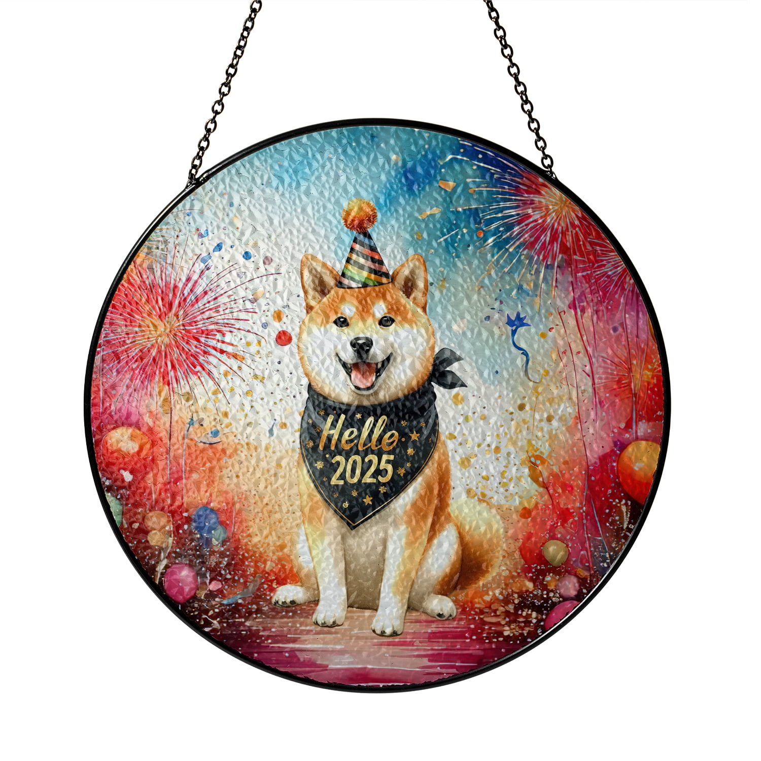 Hello 2025 Shiba Inu Celebrates Happy New Year Firework Balloon Stained ...