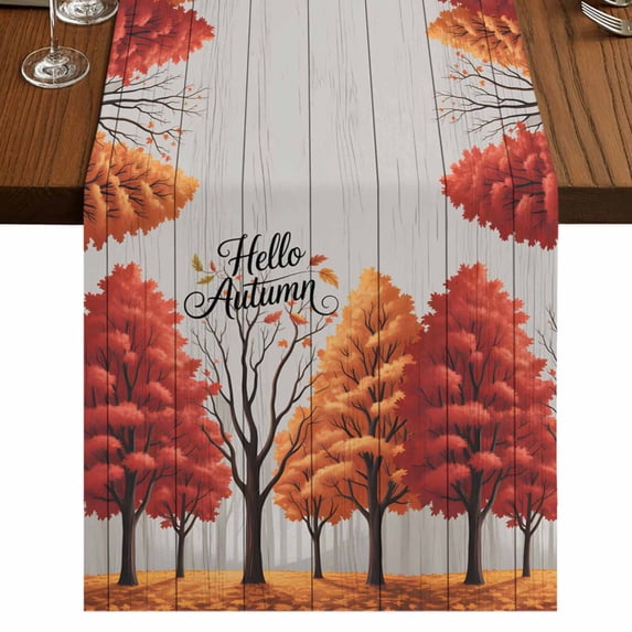 Hello Autumn 48 Inch Table Runner, Fall Orange Trees Forest Leaves Wood ...
